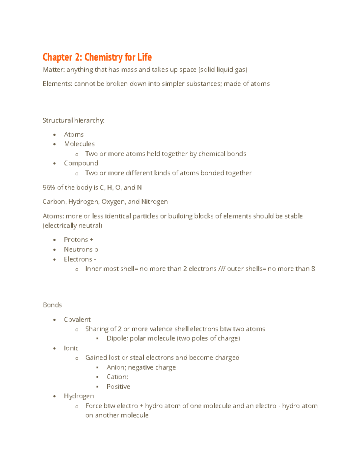 Chapter 2: Chemistry for Life - Studocu