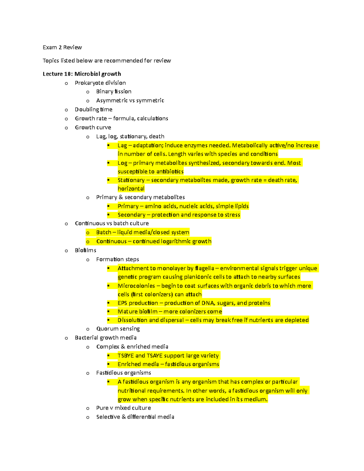 Lecture 10 review - Exam 2 Review Topics listed below are recommended ...
