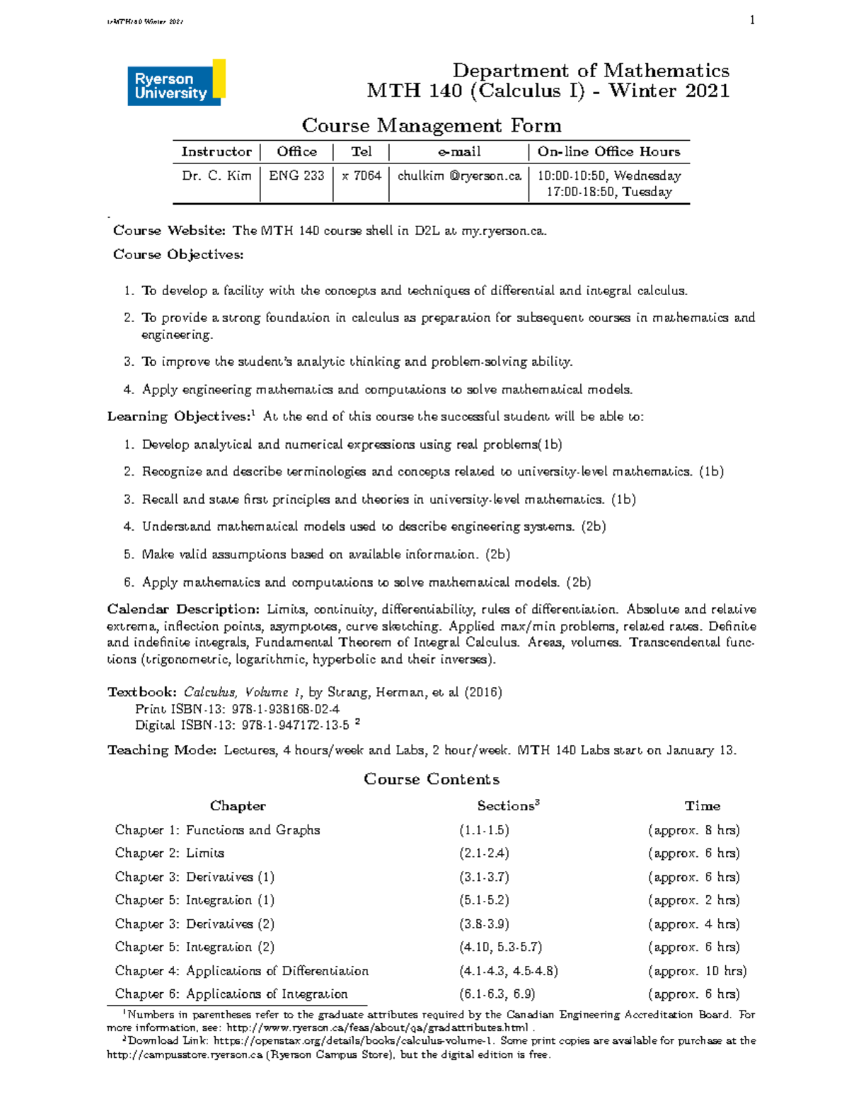 Course Management Form - Department of Mathematics MTH 140 (Calculus I ...