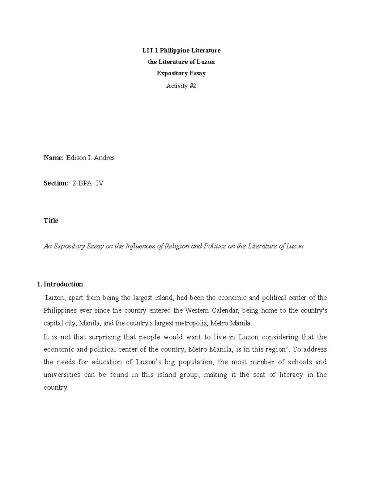 SA2- THE Literature OF Luzon, Andres, Edison I - LIT 1 Philippine ...