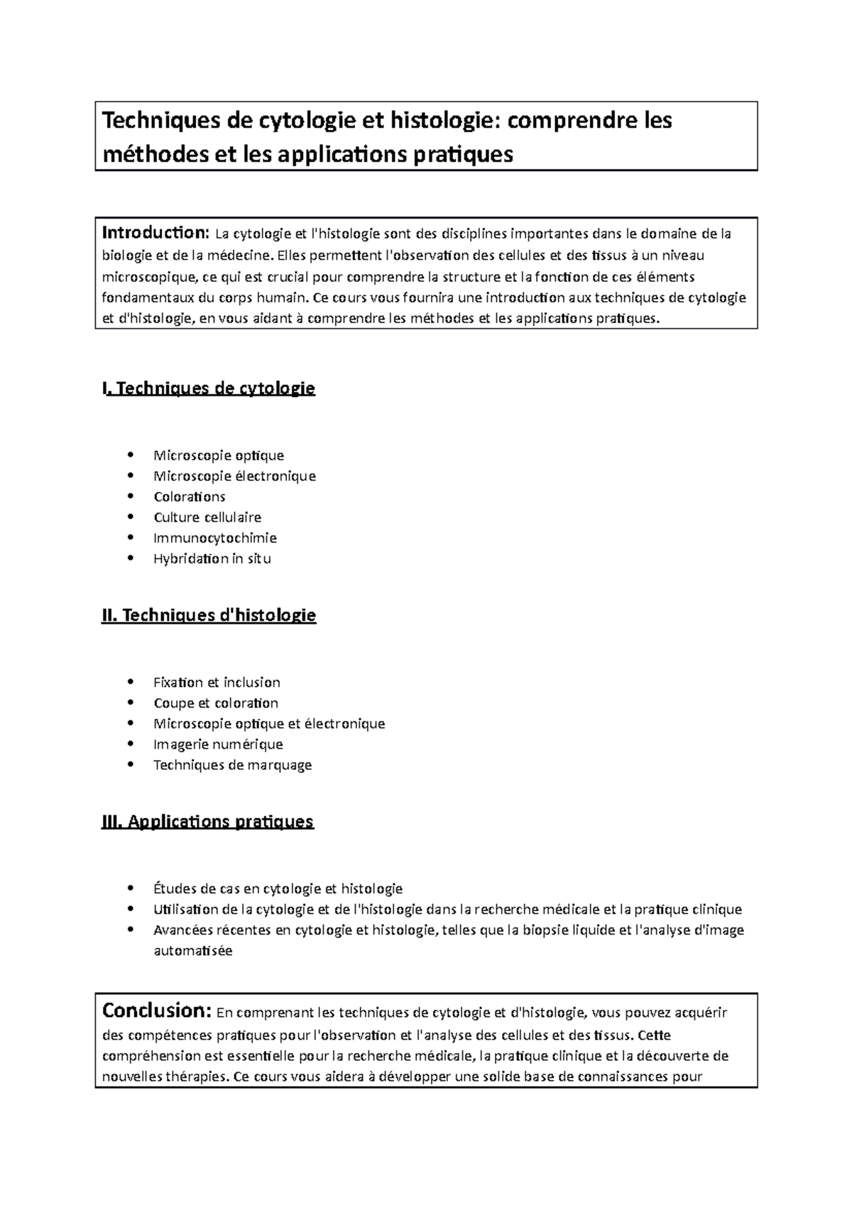 Techniques de cytologie et histologie - Elles permettent l'observation ...