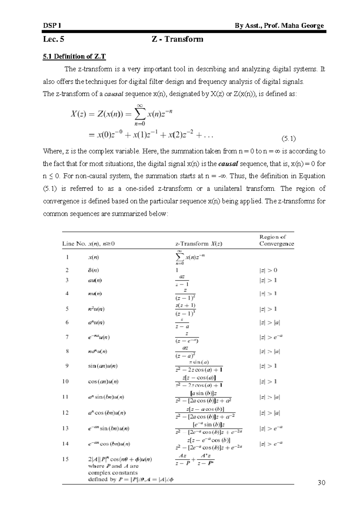 Digital System Ztransform Lec 5 Z Transform 5 Definition Of Z The Z Transform Is A Very