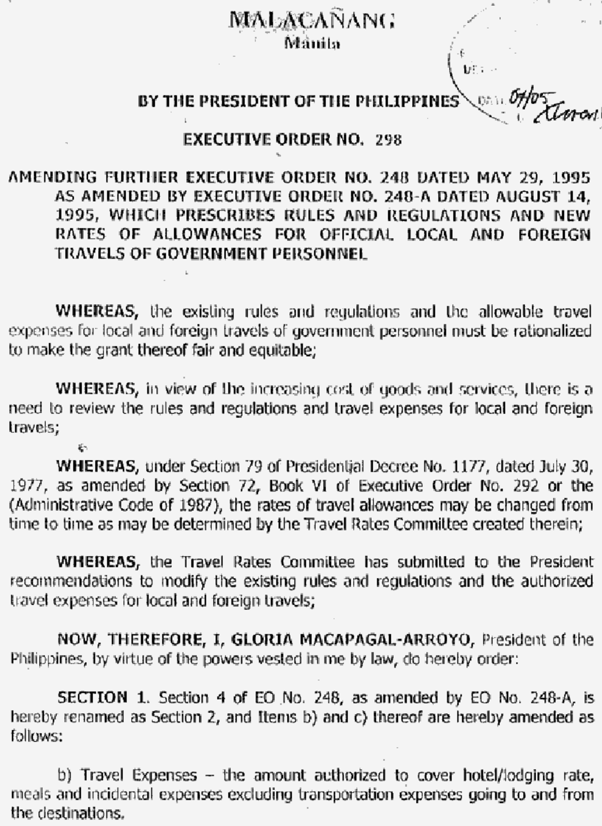 Eo 298 amendment to local and foreign travel rates - Bachelor of ...