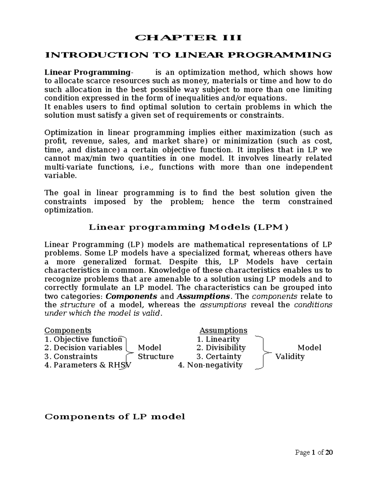 CH-III - lecture note and assignment - CHAPTER III INTRODUCTION TO LINEAR PROGRAMMING Linear ...