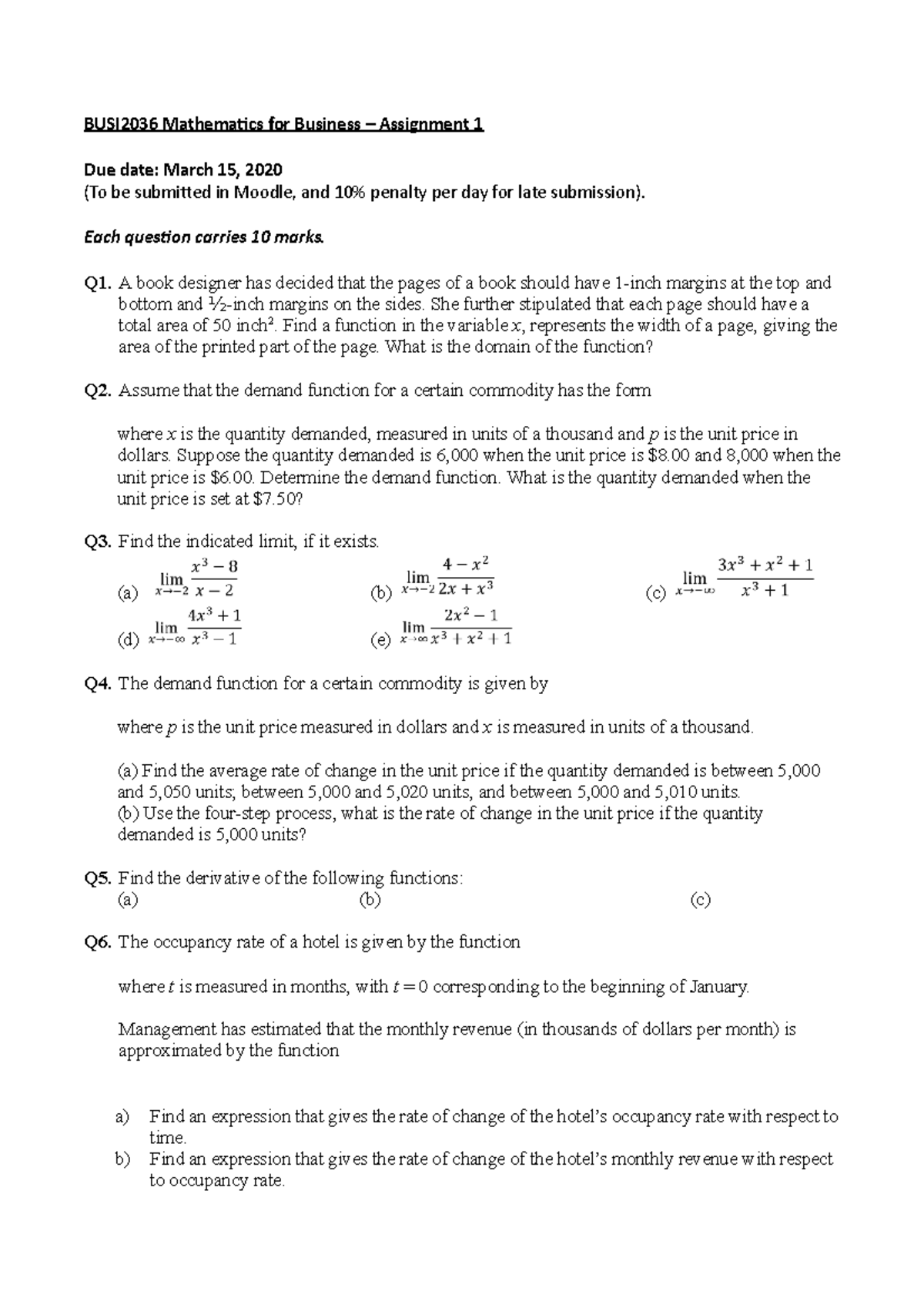 Assignment 1 - No idea - BUSI2036 Mathematics for Business – Assignment ...