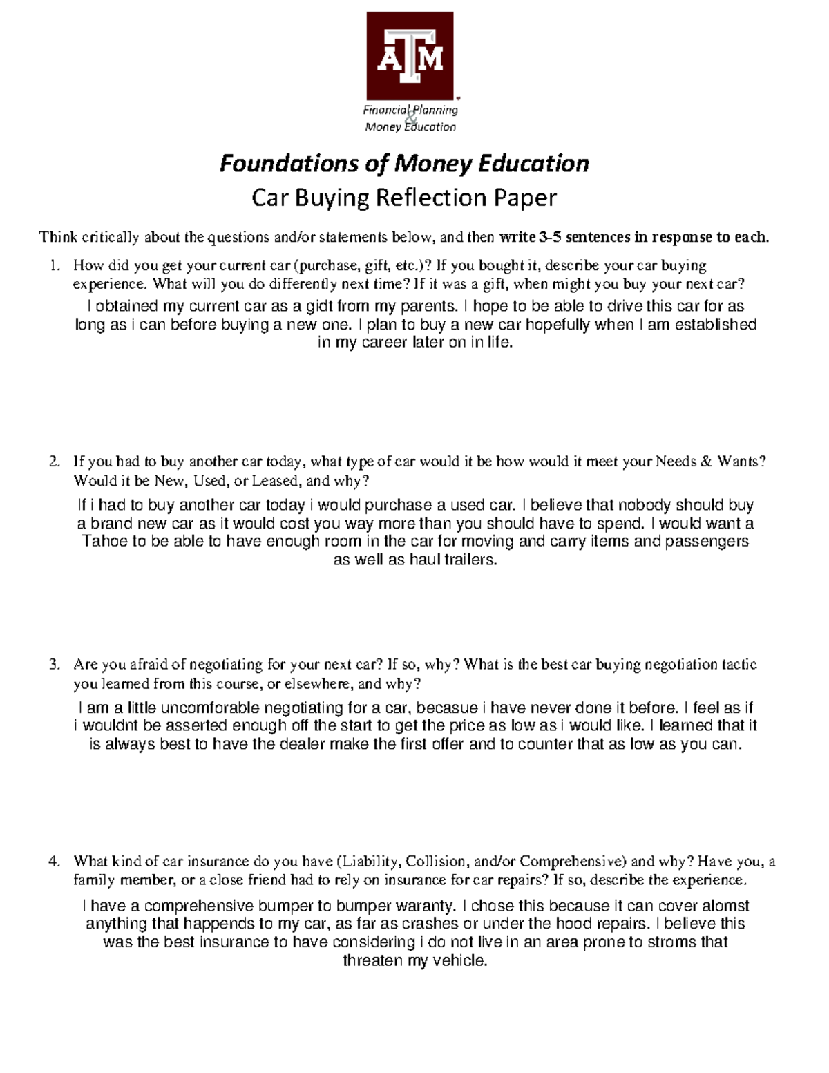 Car Buying Reflection Paper final - Foundations of Money Education Car ...
