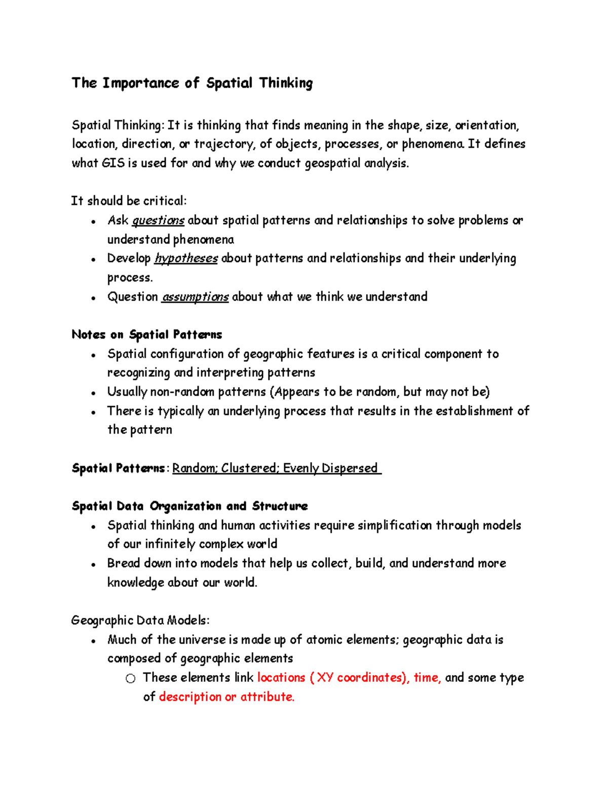 GIS Week 2 Lecture Notes - The Importance of Spatial Thinking Spatial ...