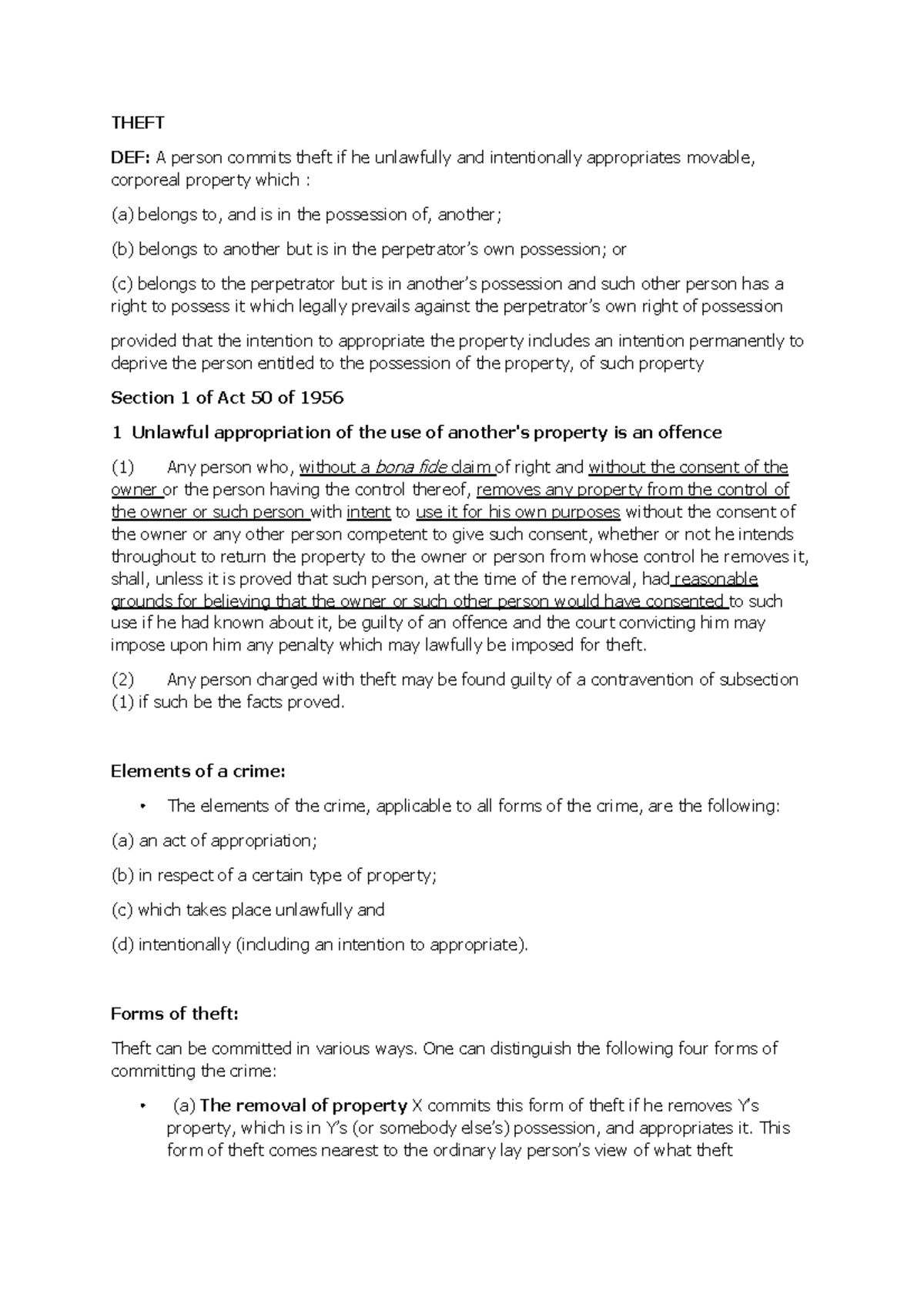 Study unit 1 - THEFT DEF: A person commits theft if he unlawfully and ...