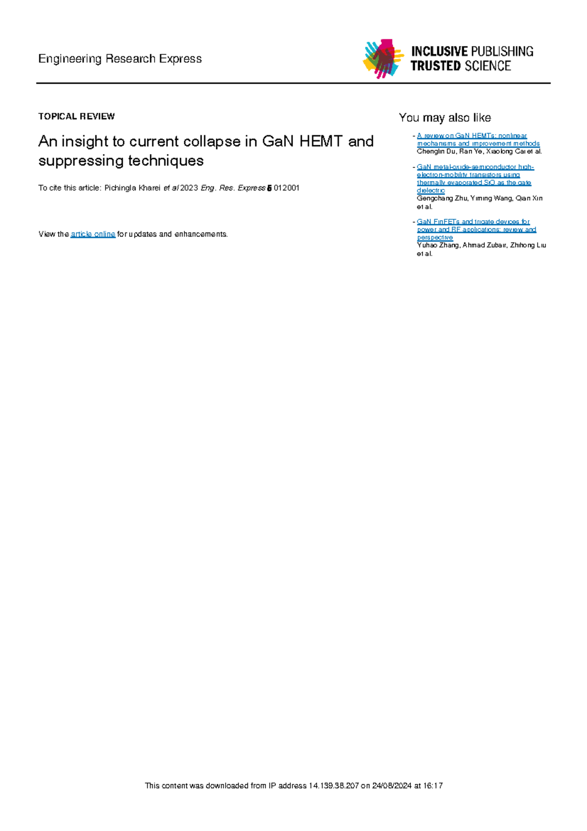 Current collapse By Avs - Engineering Research Express TOPICAL REVIEW An insight to current ...