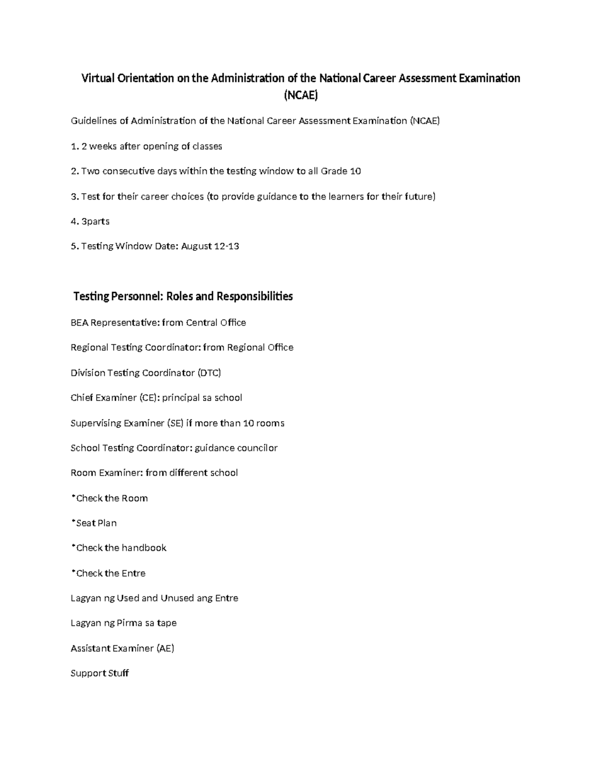 NCAE Meeting - Virtual Orientation on the Administration of the ...