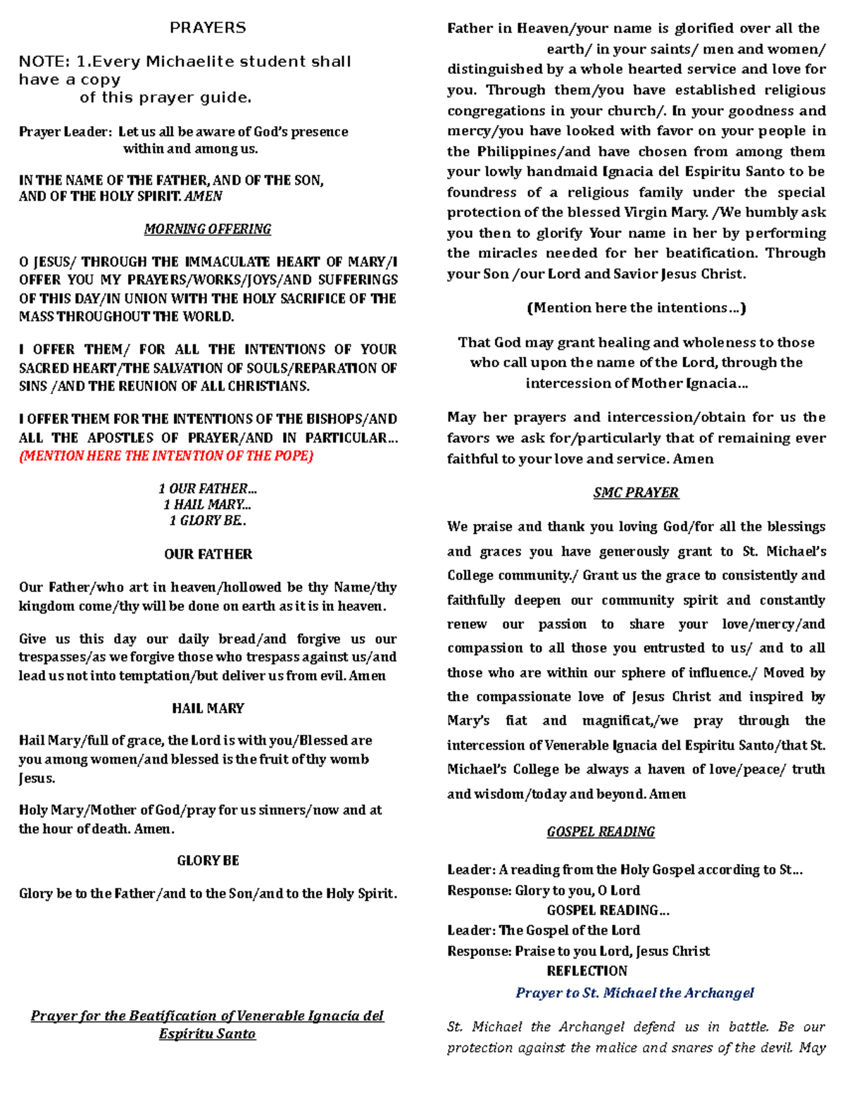 Prayer-copy-for-Students - PRAYERS NOTE: 1 Michaelite student shall ...