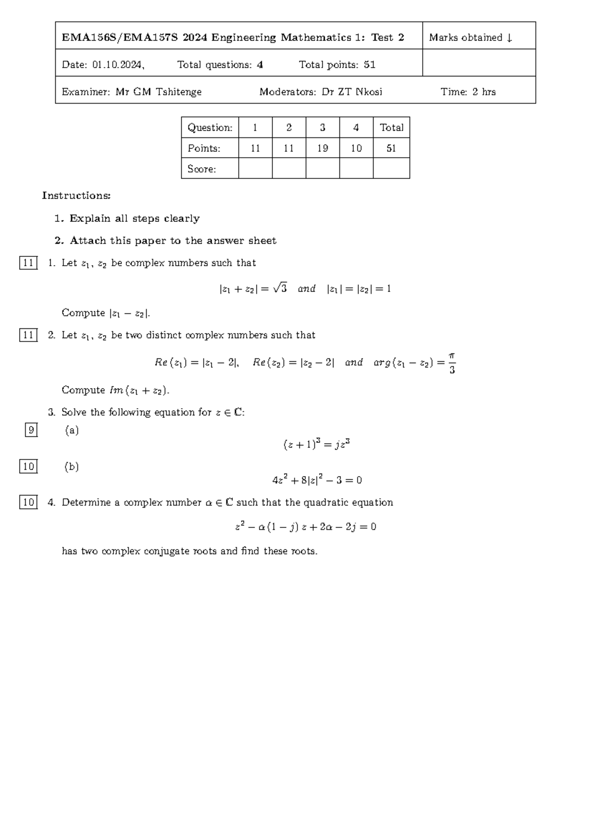 ALG-TEST 2 - PRACTICE PAPERS FOR ENGINEERING MATHS - EMA156S/EMA157S ...