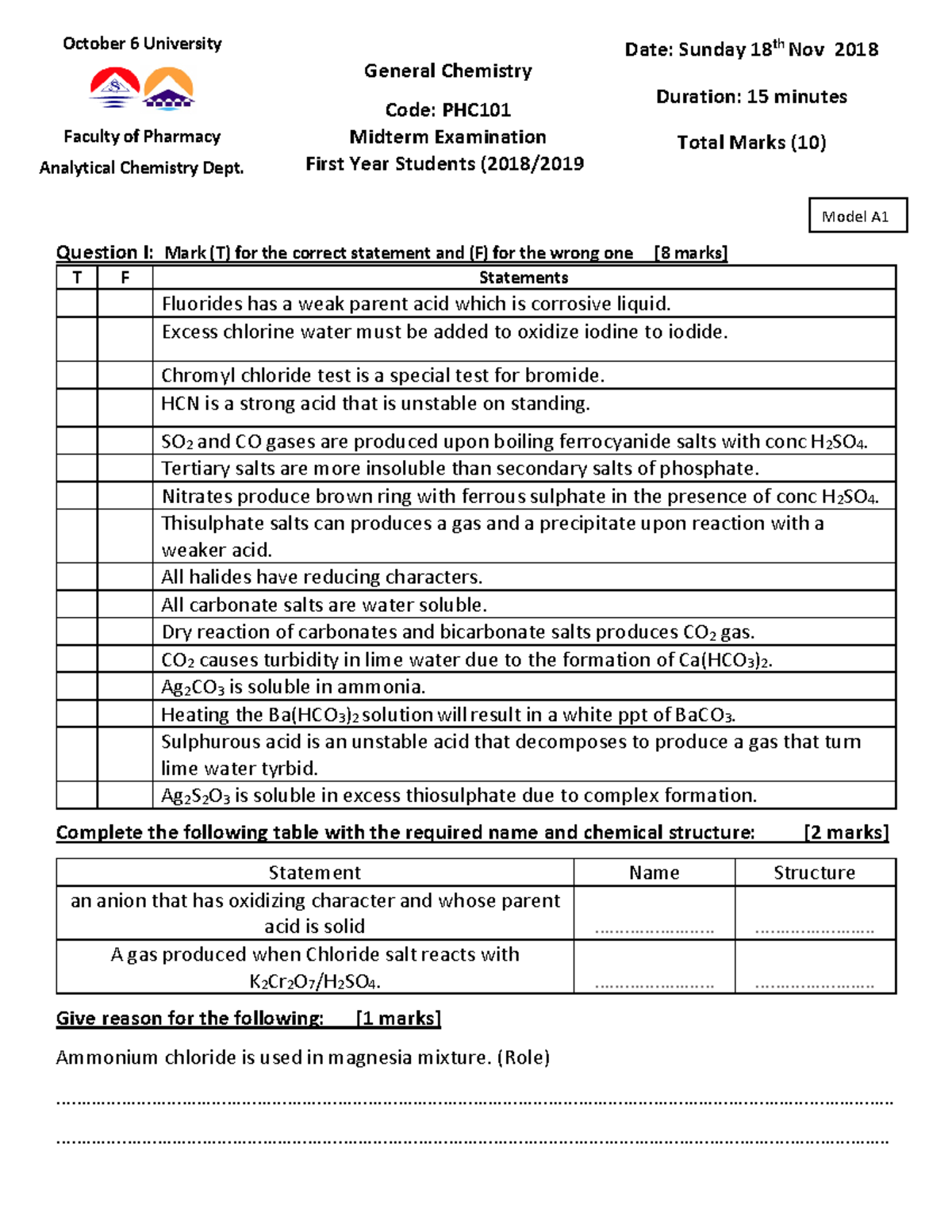Midterm exam - Faculty of Pharmacy Analytical Chemistry Dept. General ...