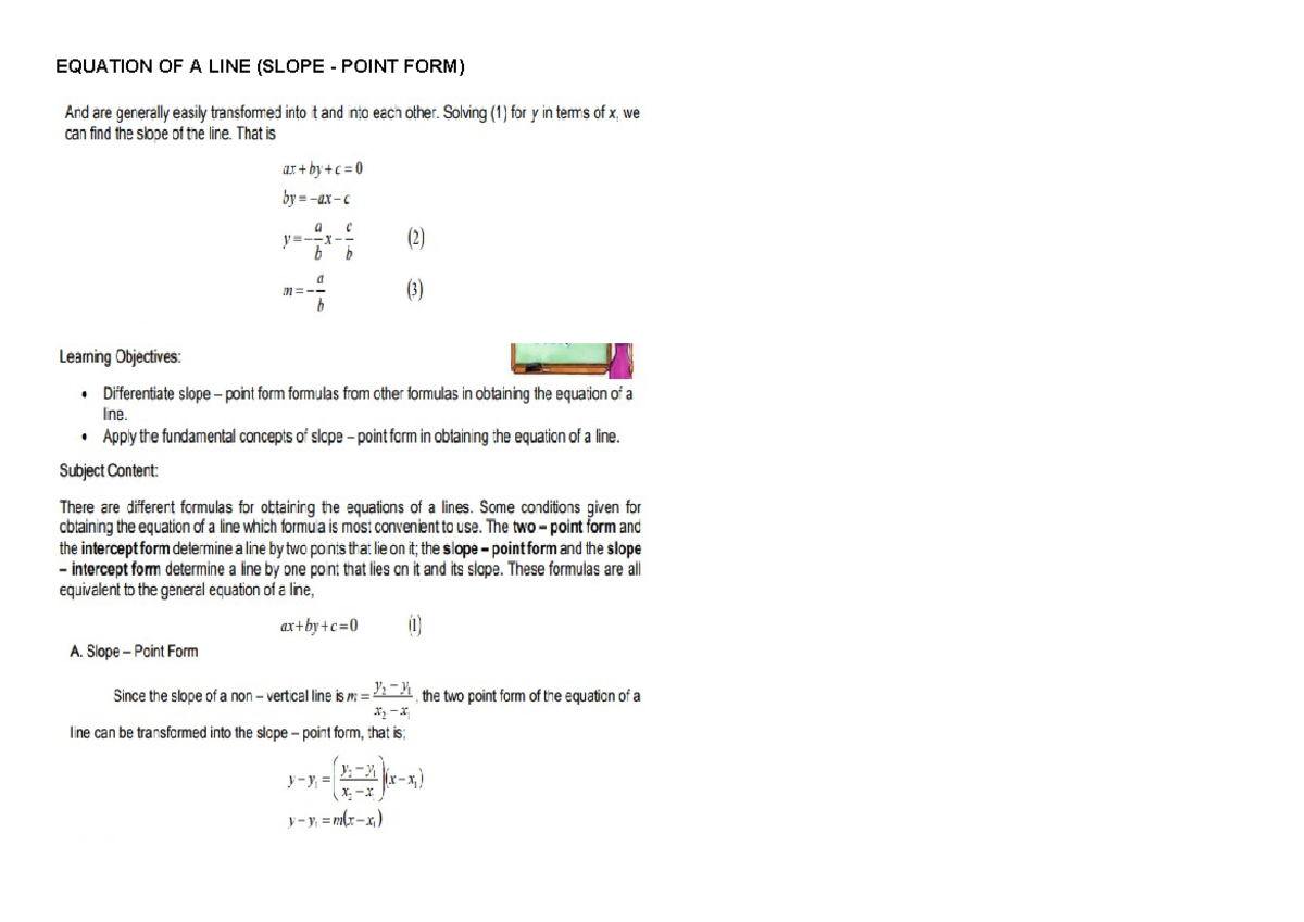 Lesson-9 - Lesson 9 - EQUATION OF A LINE (SLOPE POINT FORM) And are ...