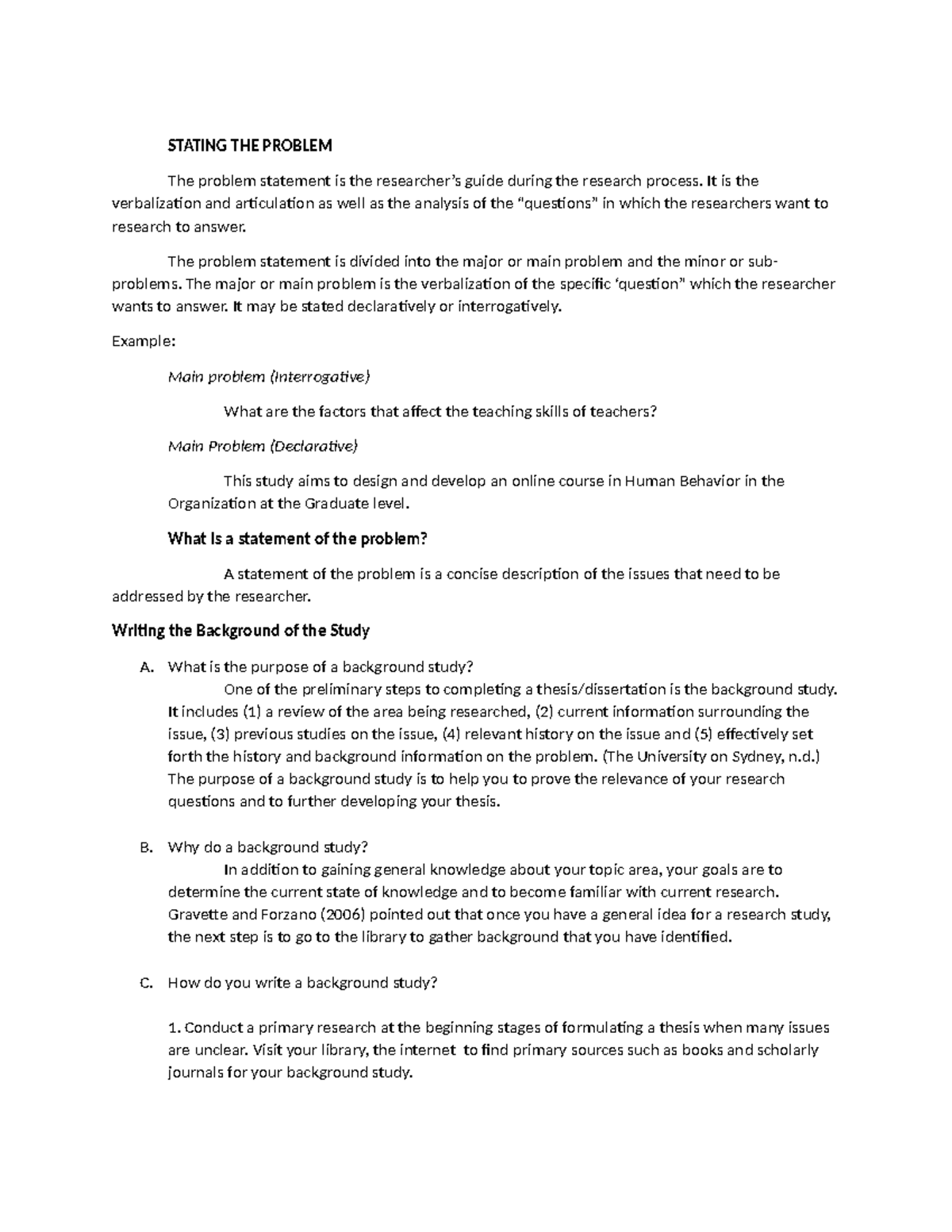 Parts OF THE Research Stating THE Problem 1 - STATING THE PROBLEM The ...