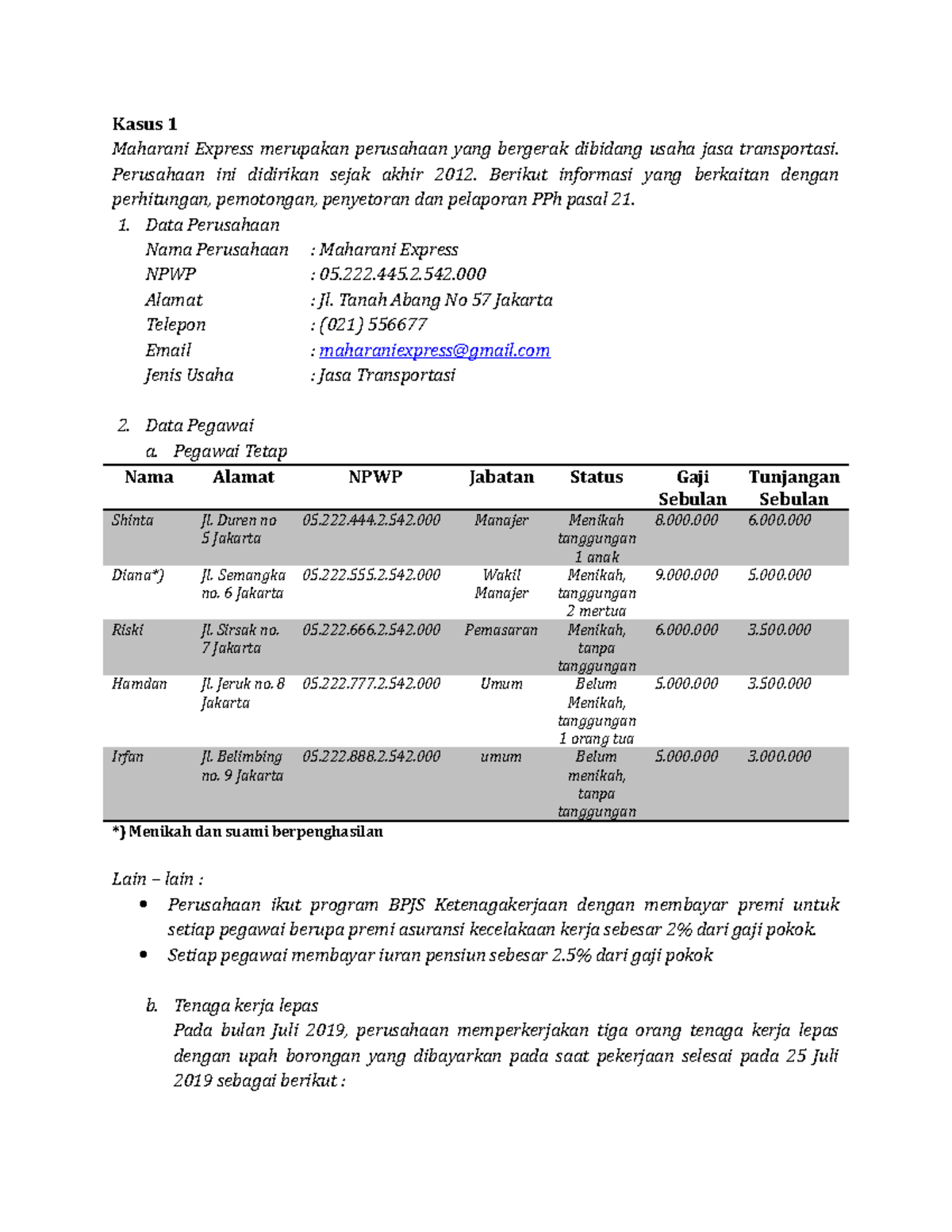 Tugas PPH Pasal 21 - PPH 21 - Kasus 1 Maharani Express merupakan perusahaan yang bergerak ...