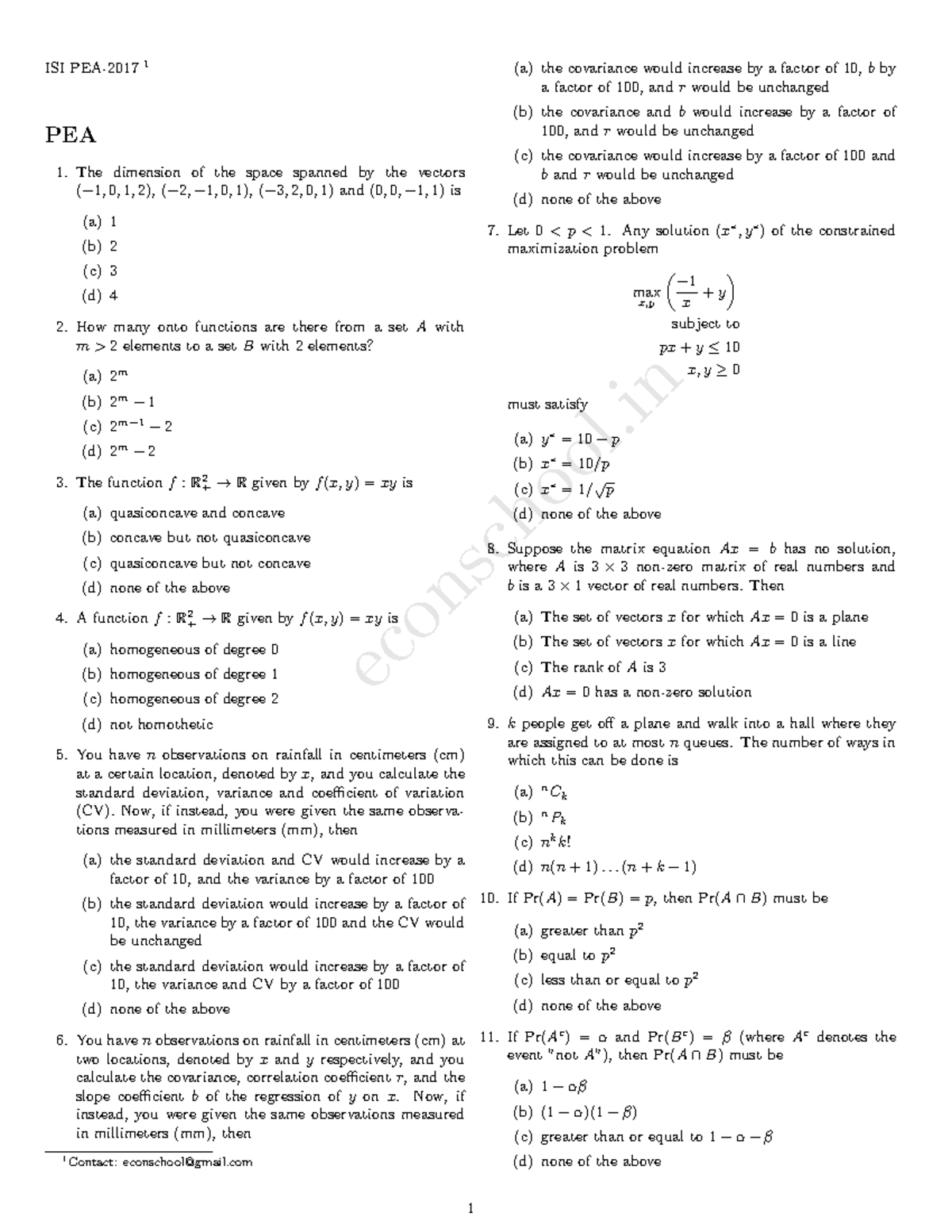Isi 2017 - 2017 questions paper - ISI PEA-2017 1 PEA The dimension of ...
