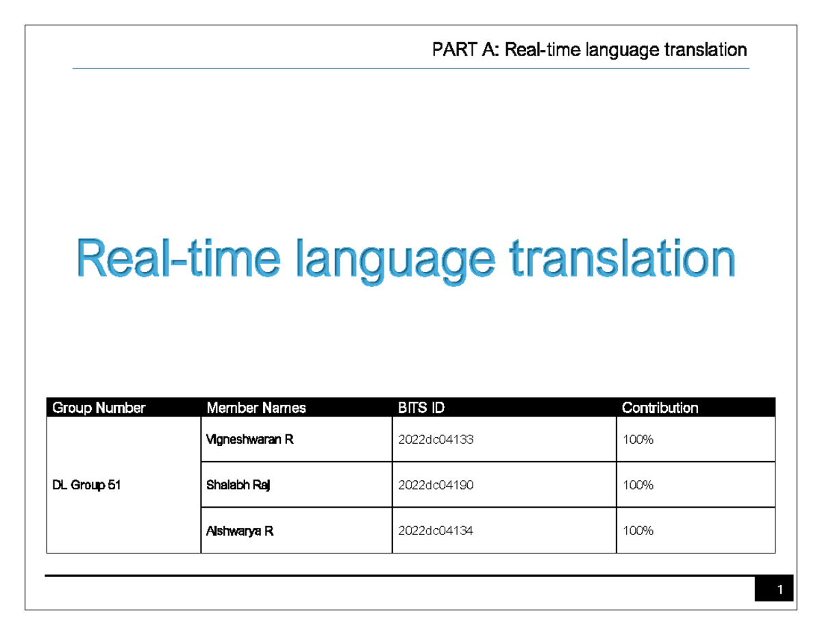 Real Time Language Translation Dl Group 51 Real Time Language
