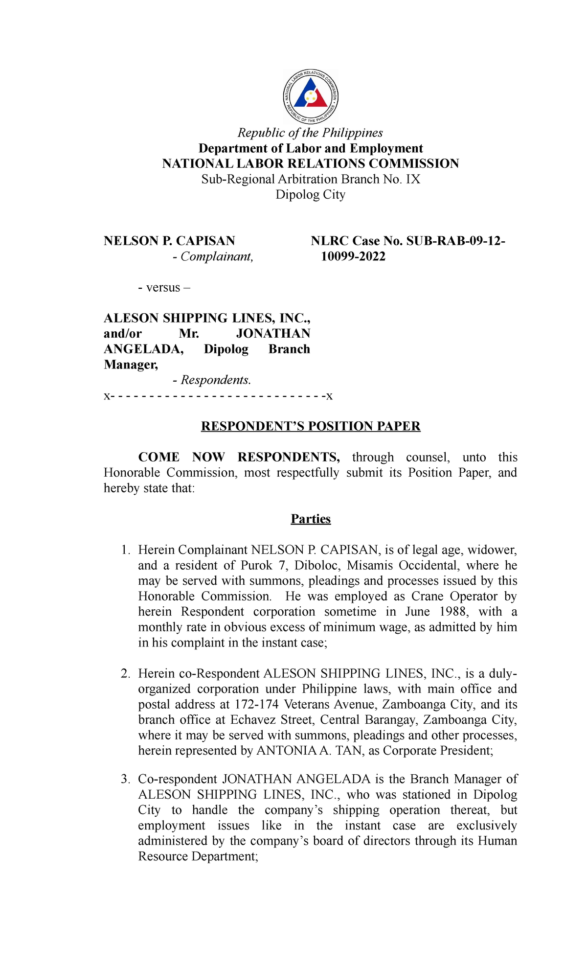 Position paper (nelson capisan) - Republic of the Philippines ...