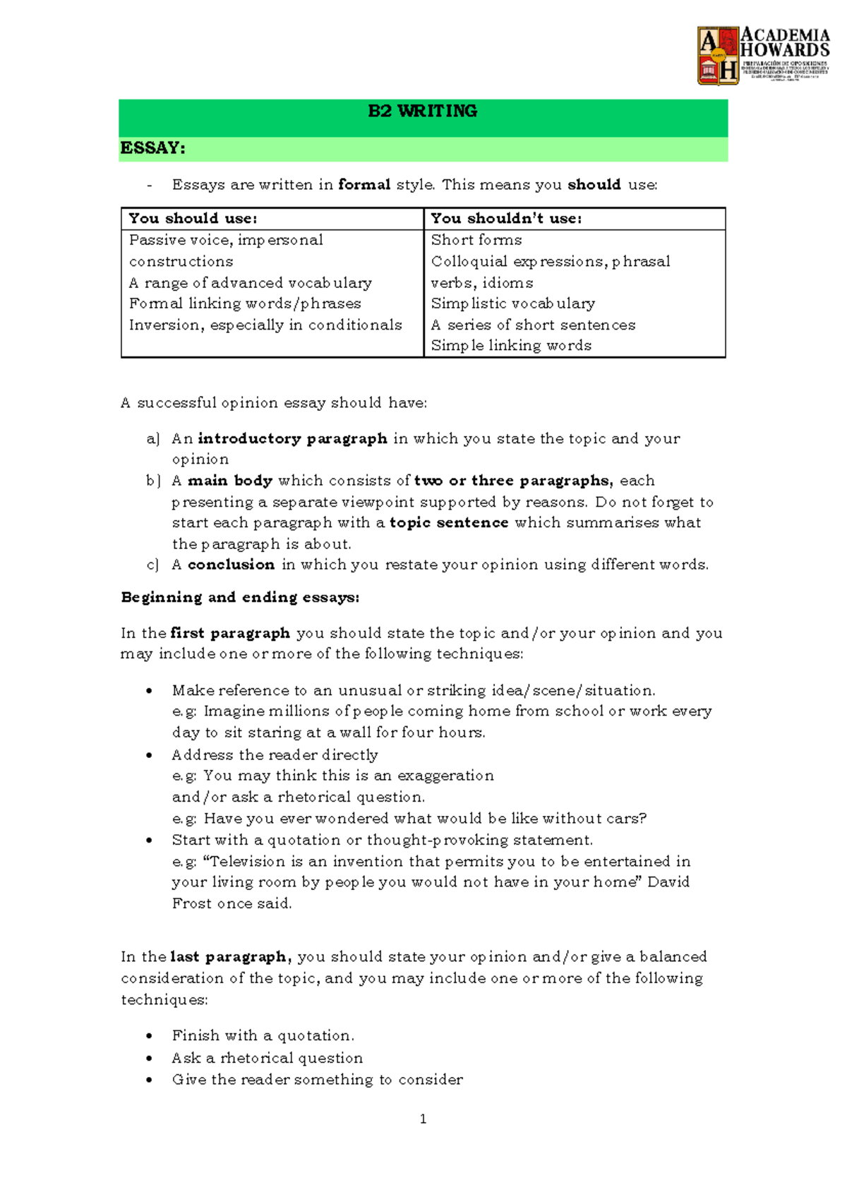 B2 Types of Writing - B2 WRITING ESSAY: Essays are written in formal ...
