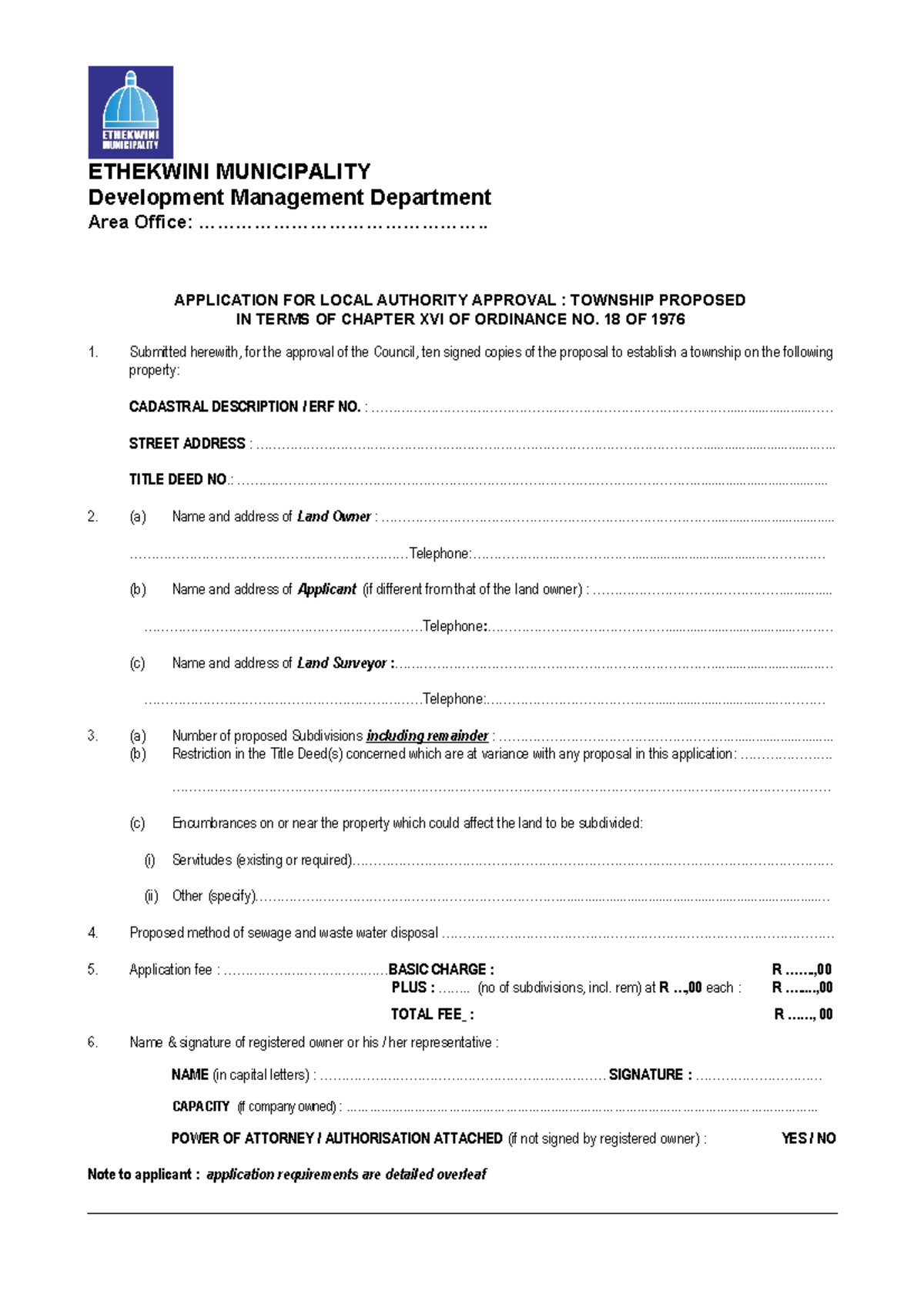Application Form - Local Authority Approval - ETHEKWINI MUNICIPALITY ...