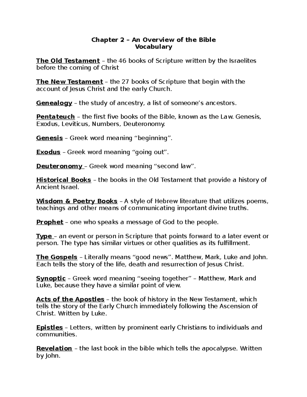 Chapter 2 Vocab - Chapter 2 – An Overview of the Bible Vocabulary The ...