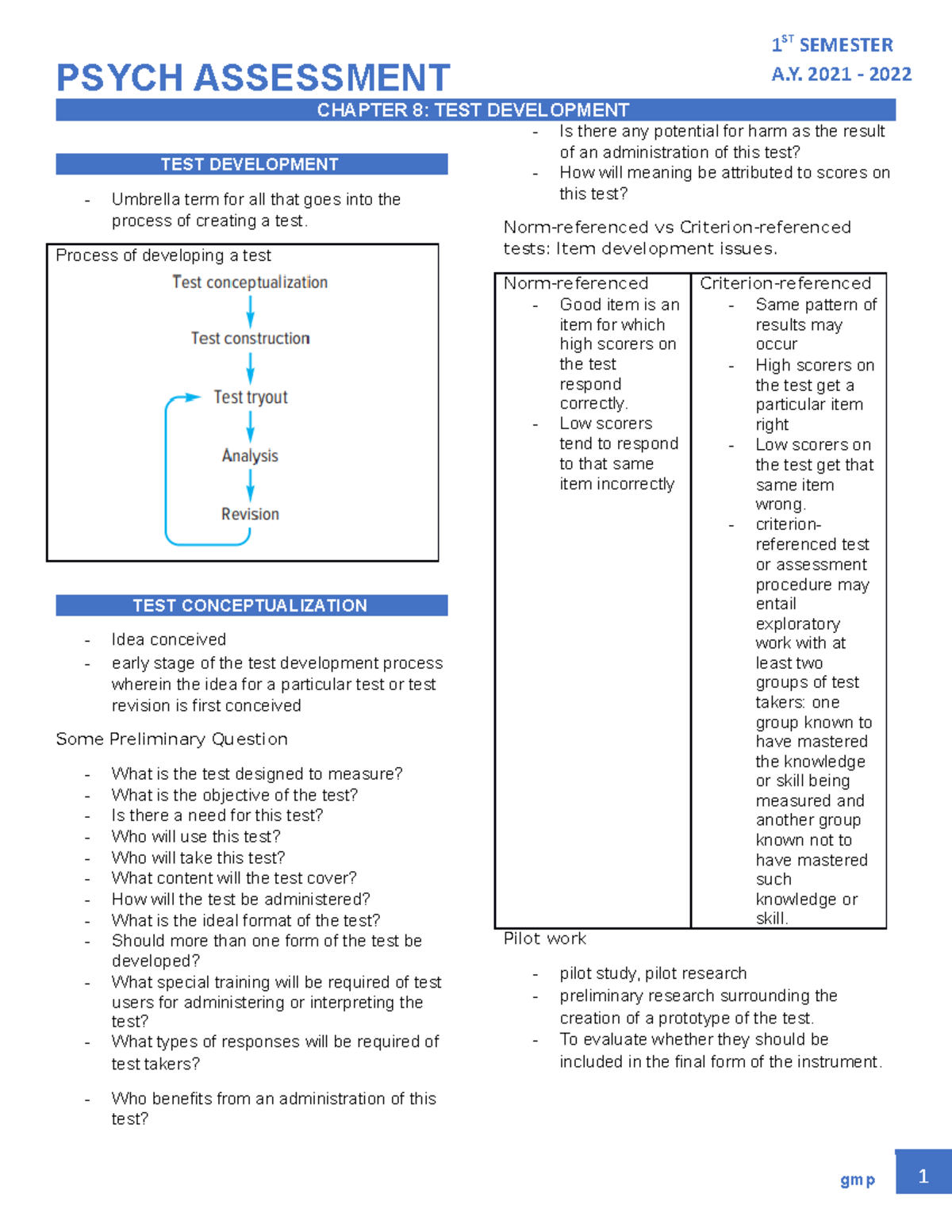 Assessment Trans - Chapter 8 - PSYCH ASSESSMENT CHAPTER 8: TEST ...