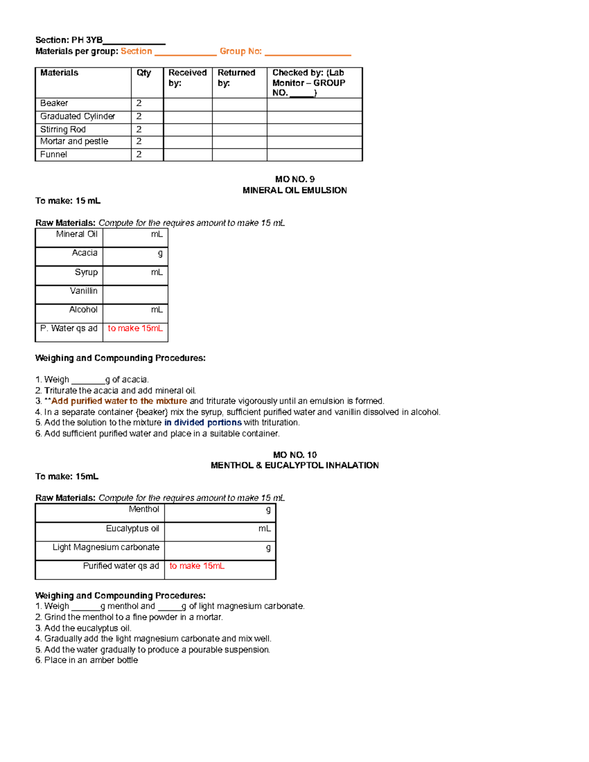 Schematic MO 9 10 - Section: PH 3YB_____________ Materials per group ...