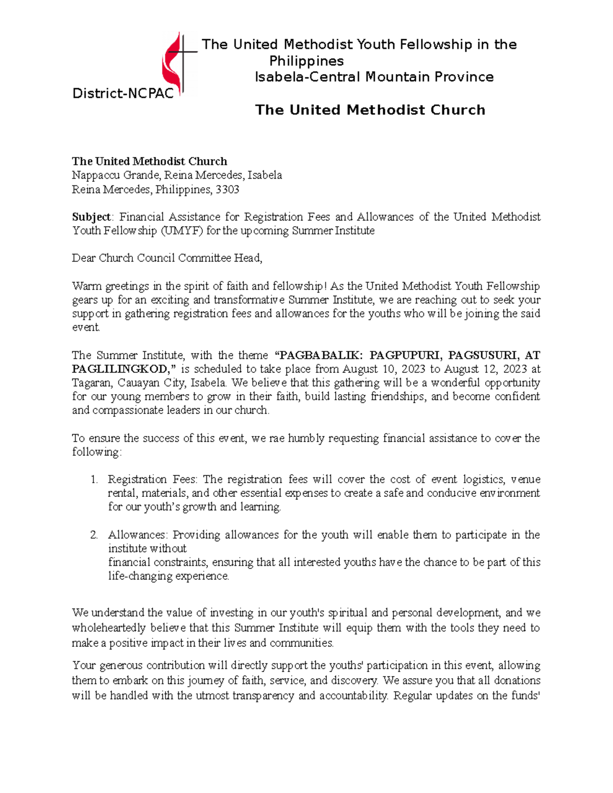 UMYF- Solicitation Letter - Philippines Isabela-Central Mountain Province District-NCPAC The ...