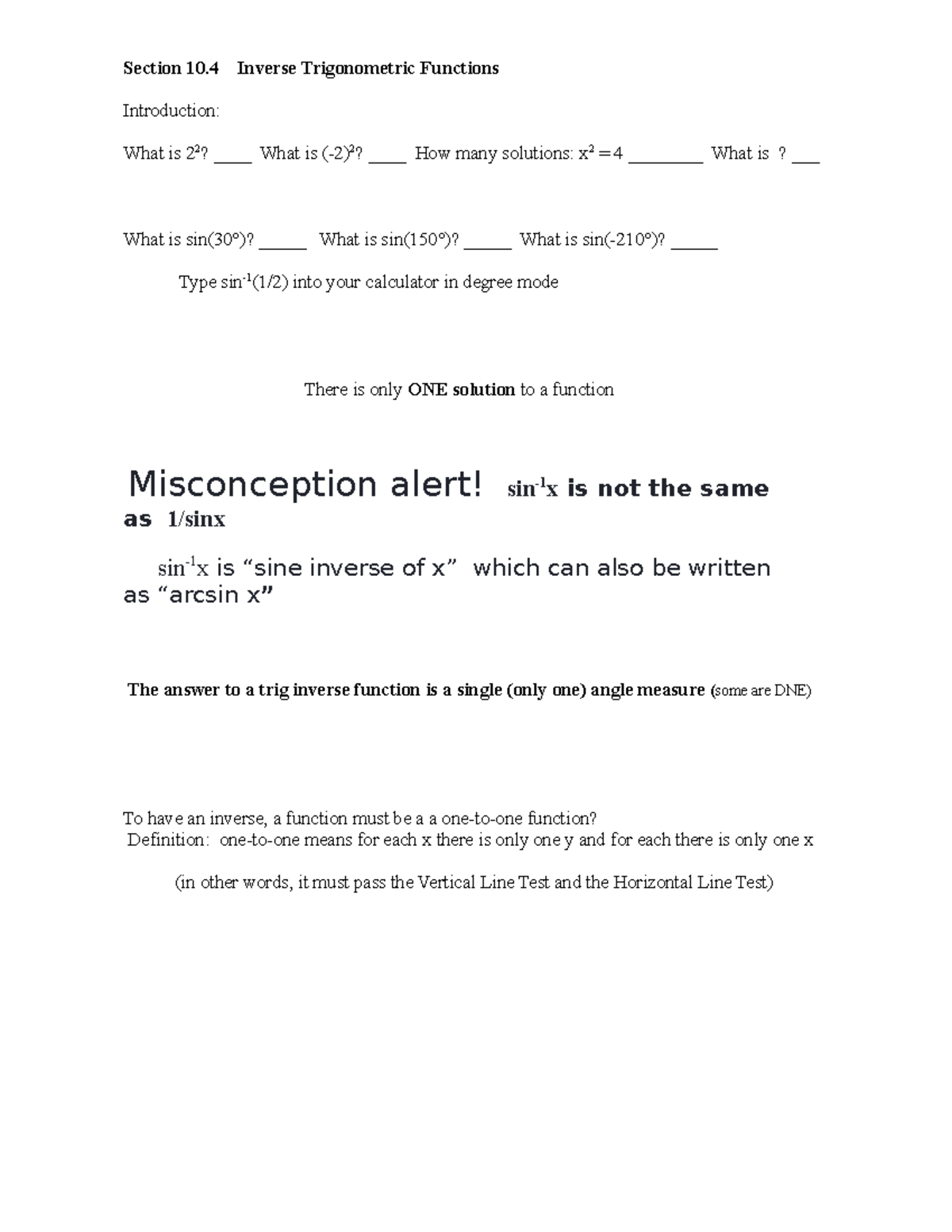 10.4 Inverse Trig - Math - Section 10 Inverse Trigonometric Functions ...