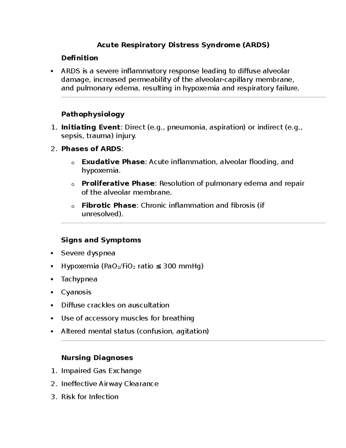 ARDS notes - Acute Respiratory Distress Syndrome (ARDS) Definition ARDS ...