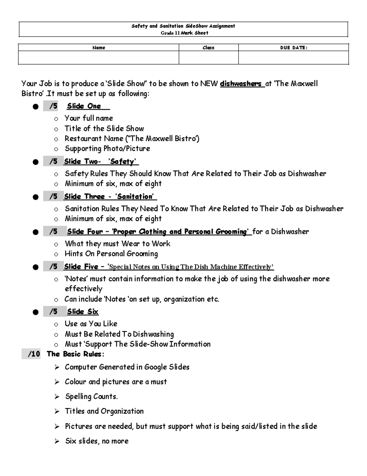 MARK Sheet 11 Safety and Sanitation Slide Show Assignment - Safety and ...