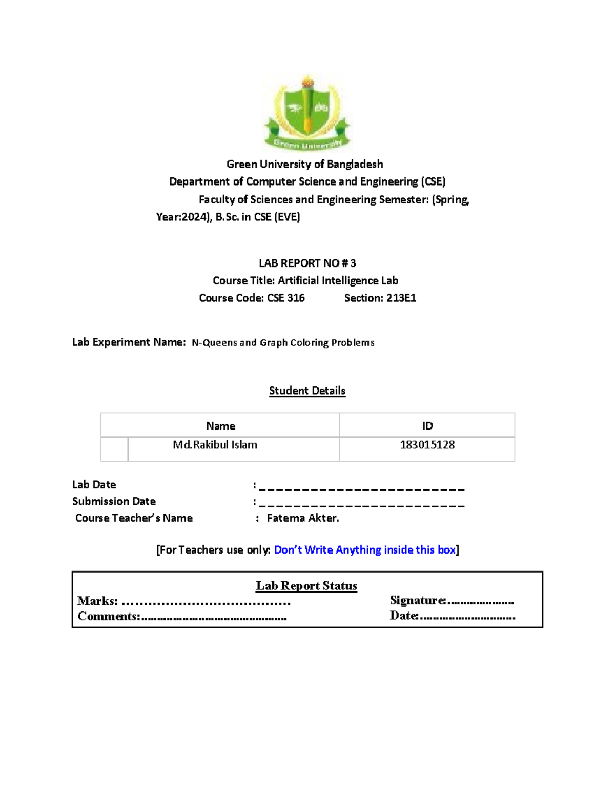 ai lab report 3 - Green University of Bangladesh Department of Computer ...