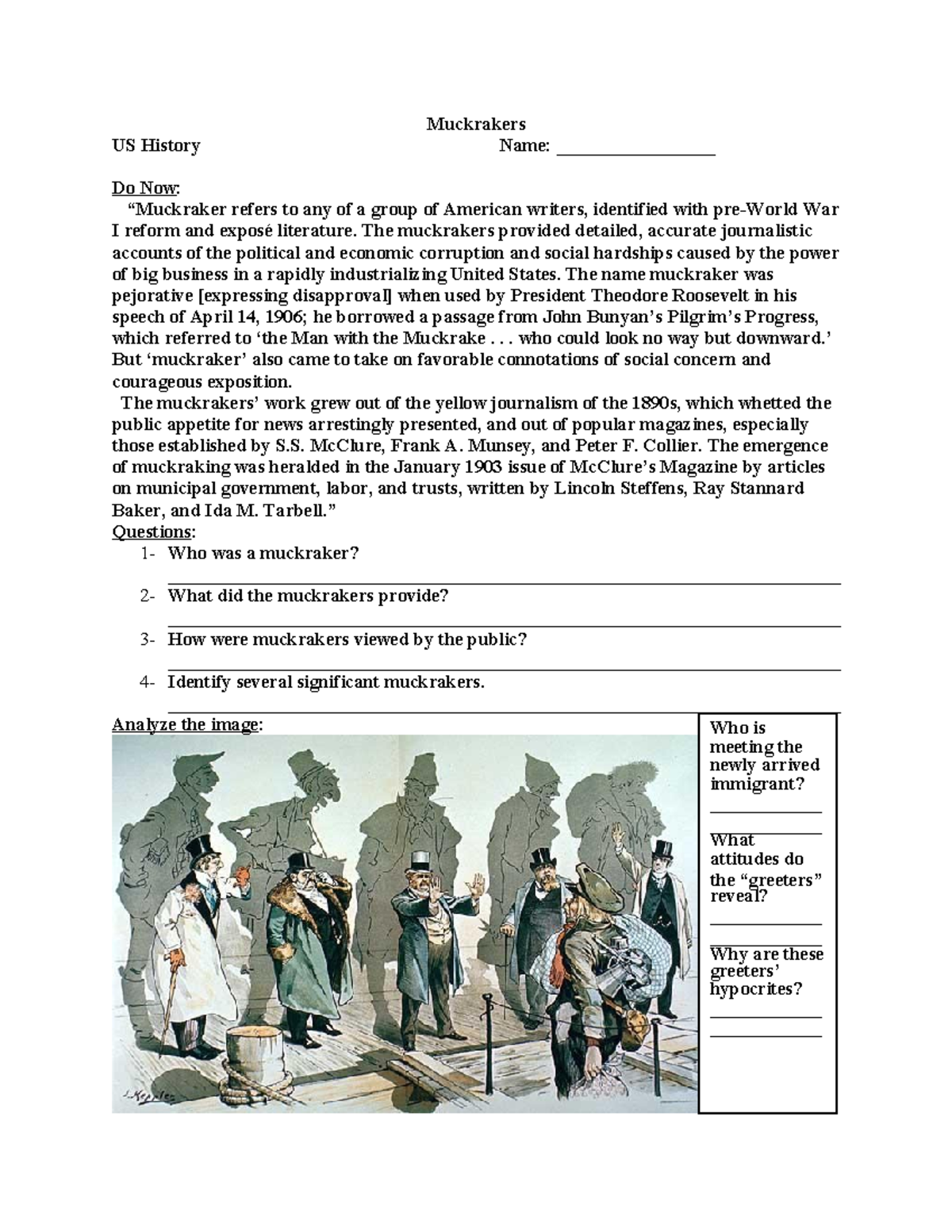 Muckrakers 54 Enrichment - Muckrakers US History Name ...