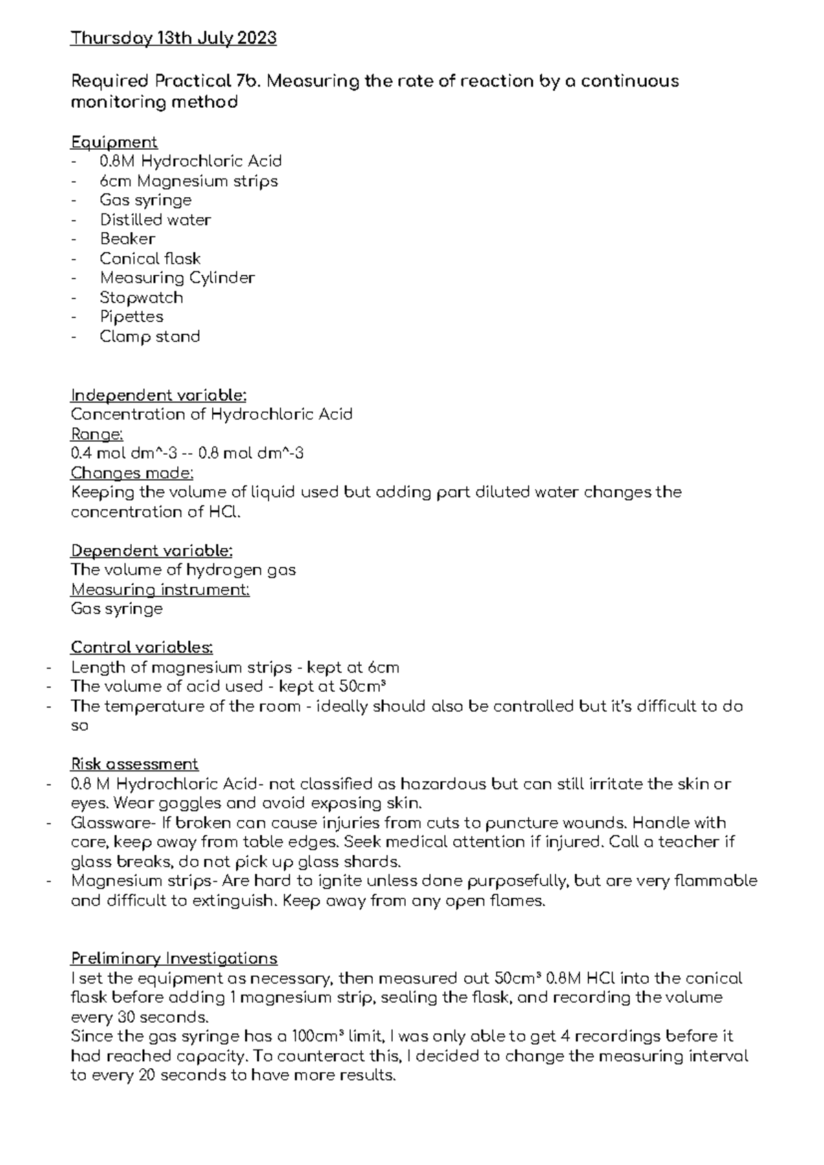Chemistry RP 7b - Thursday 13th July 2023 Required Practical 7b ...