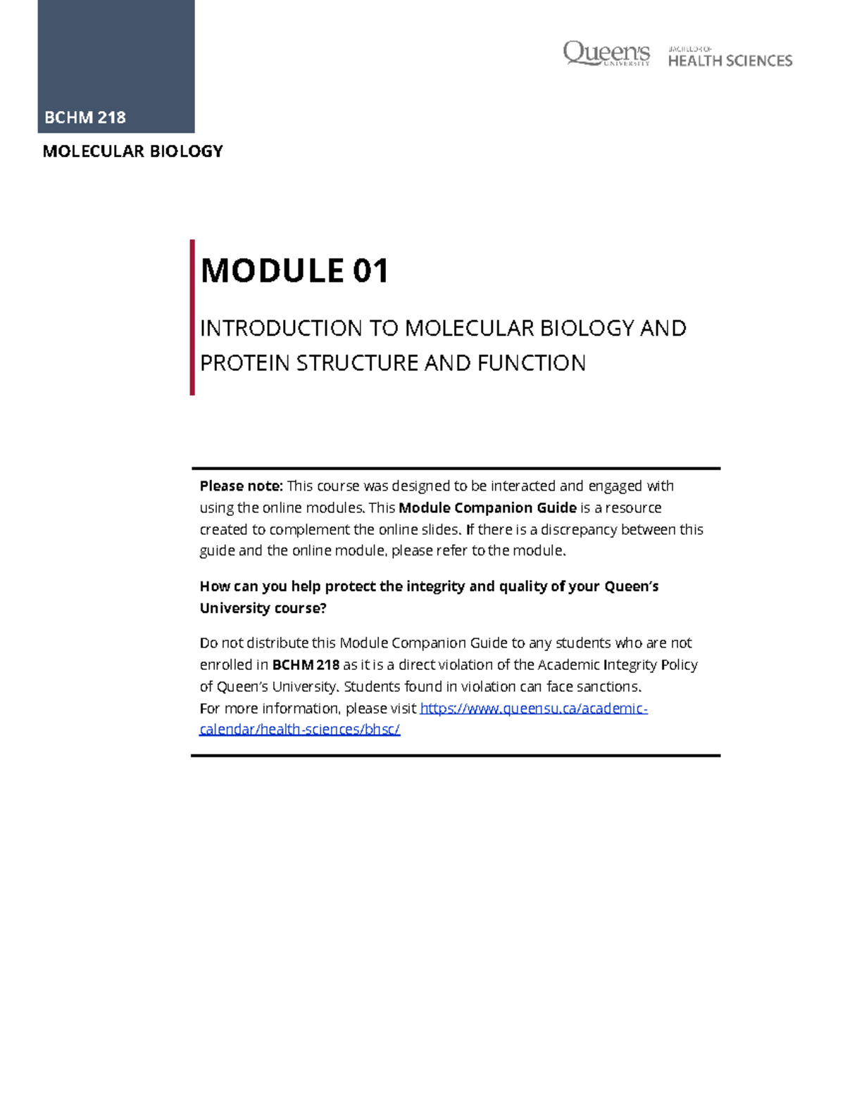 BCHM218 M01 OL-BL on Q Companion Guide - BCHM 218 MODULE 0 1 INTRODUCTION TO MOLECULAR BIOLOGY ...