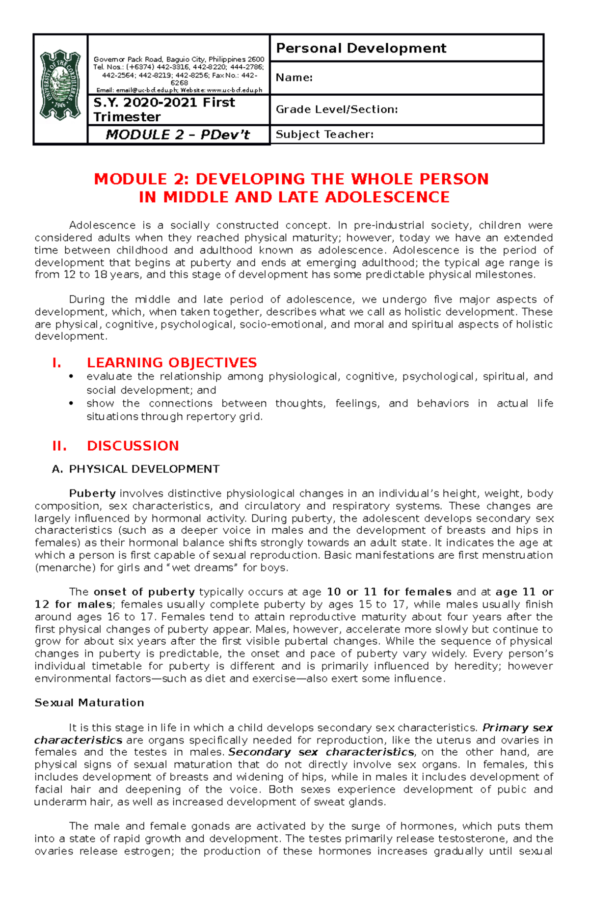 PDEV Module 2 - S H S Personal Development - Governor Pack Road, Baguio ...
