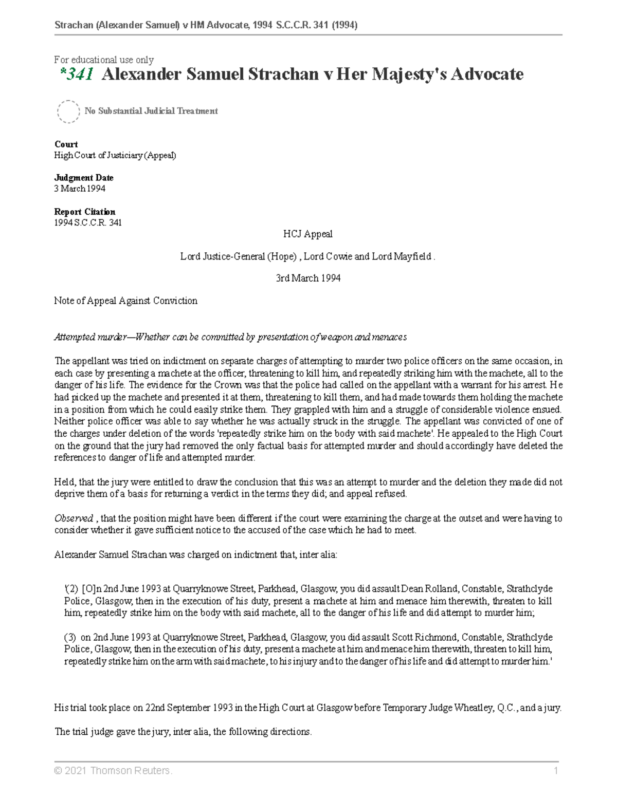 Strachan v HMA - case used - For educational use only *341 Alexander ...