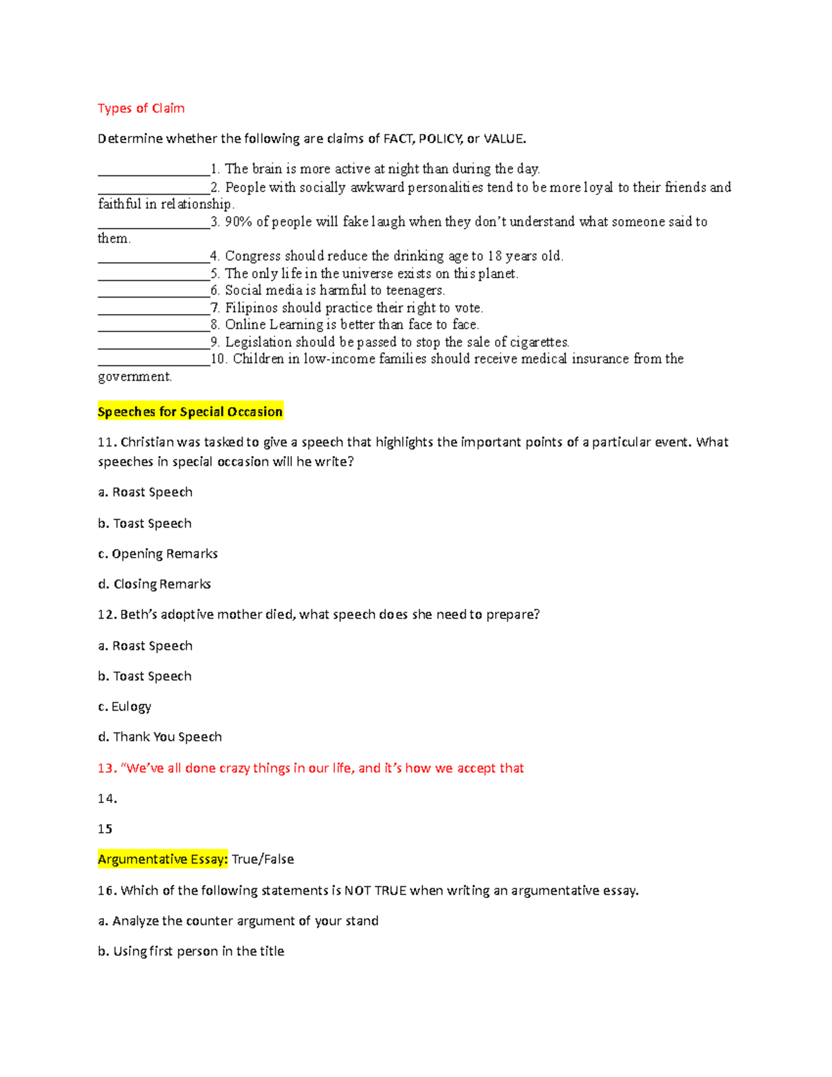 10 2nd Qa These Are The English 10 Questions For Quarterly Exam Types Of Claim Determine 