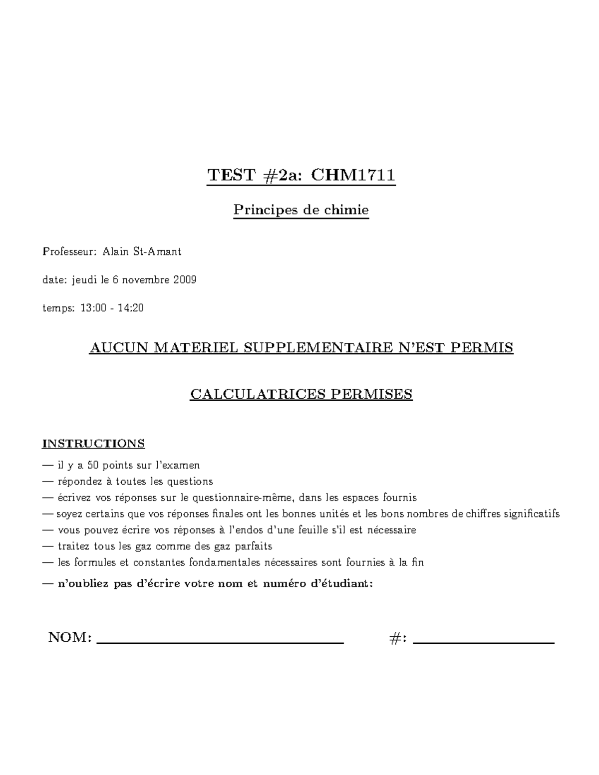 Midterm 2 2009 B - TEST #2a: CHM Principes de chimie Professeur: Alain ...