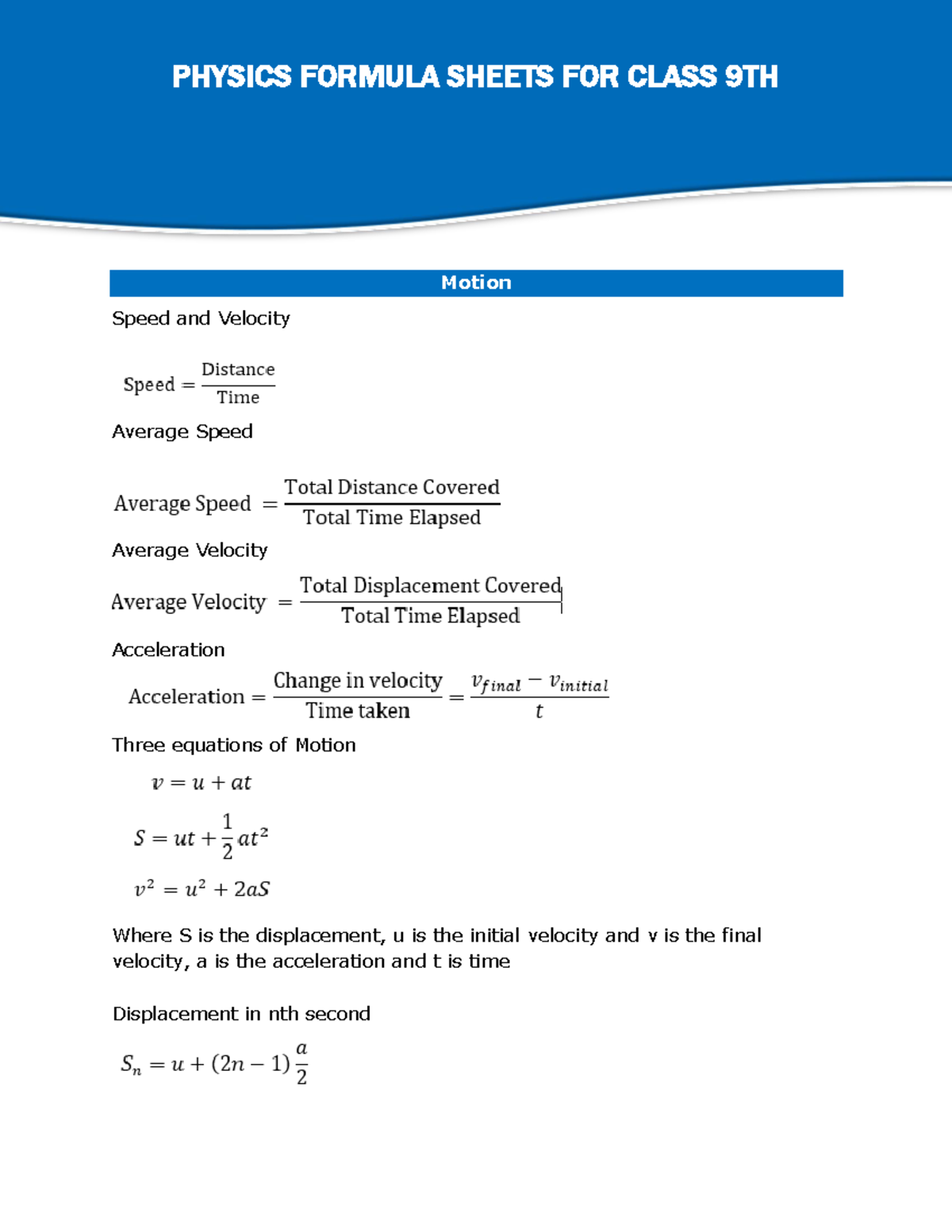 Class 9th physics formula sheets 80 - Motion Speed and Velocity Average Speed Average Velocity ...