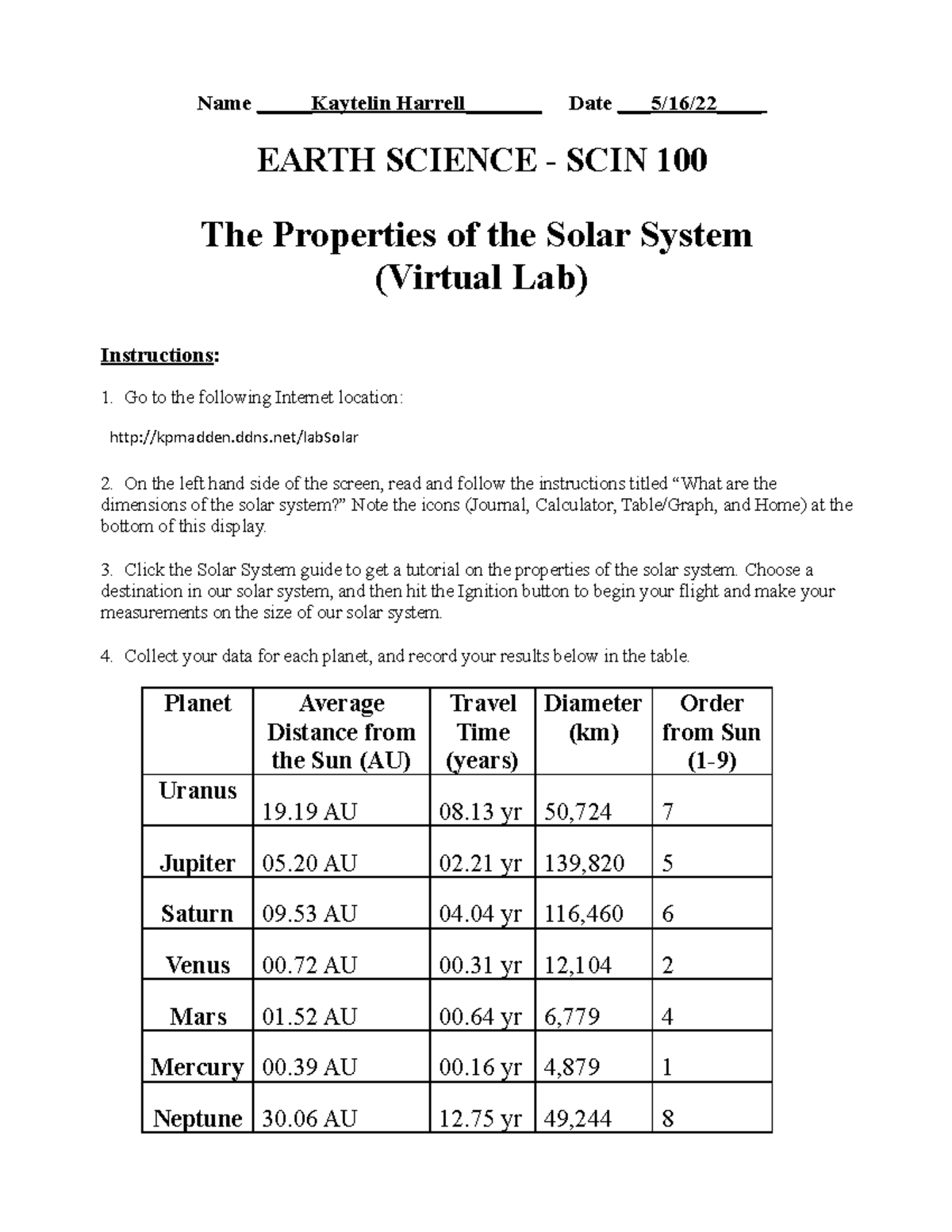 Properties of the solar system lab sheet - Name Kaytelin Harrell__ Date ...