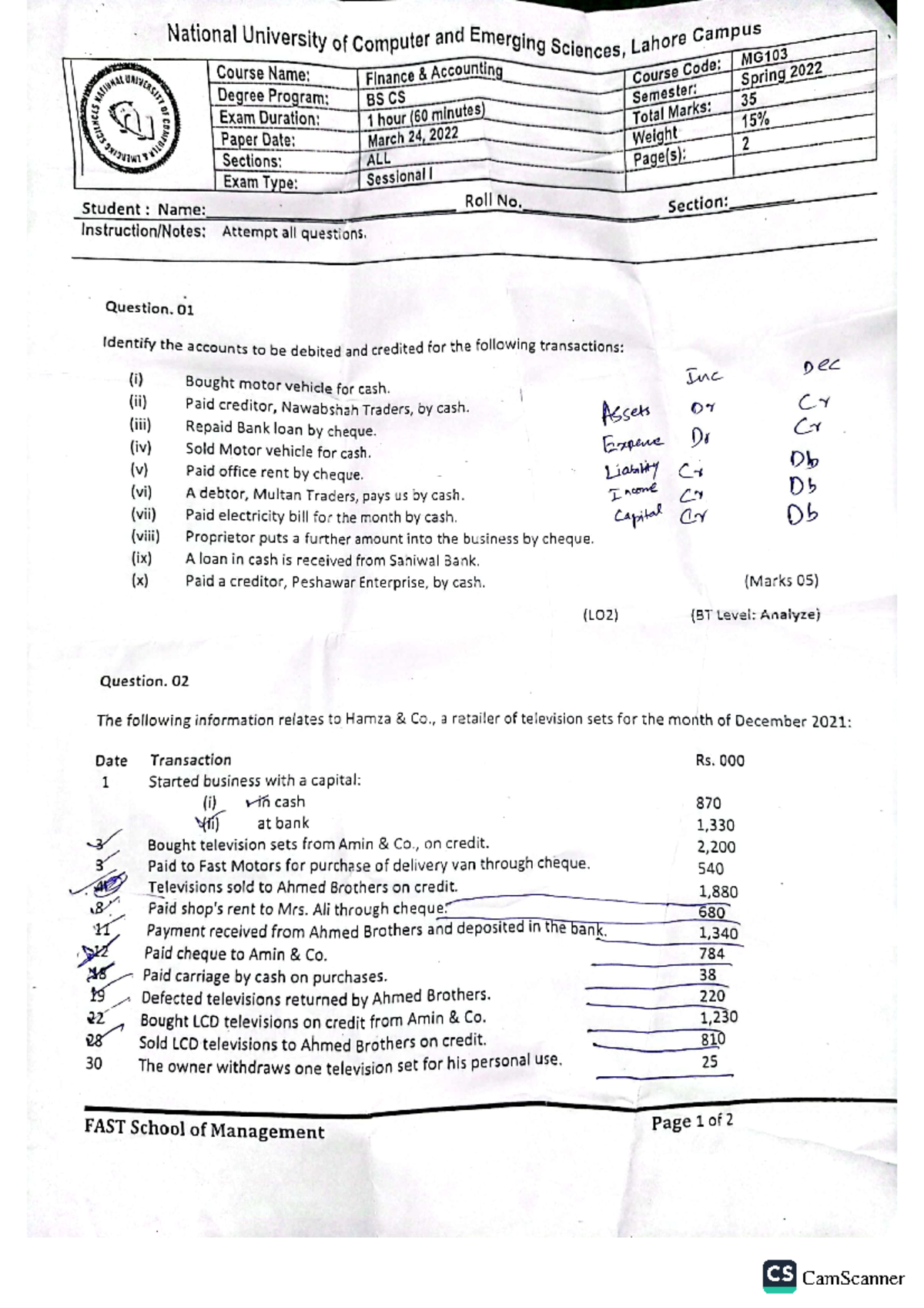 Accounting and Finance Midterm-I Spring 2022 - Financial Accounting ...