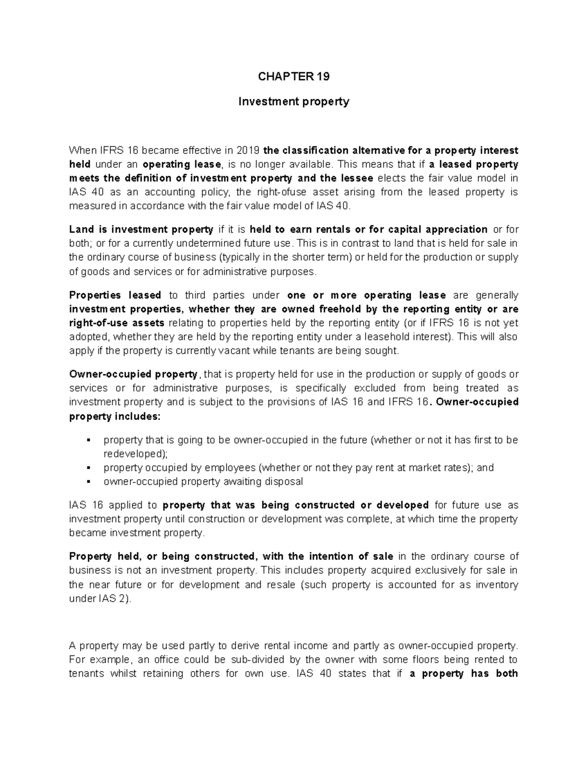 Chapter 19 - Accounting - CHAPTER 19 Investment property When IFRS 16 ...