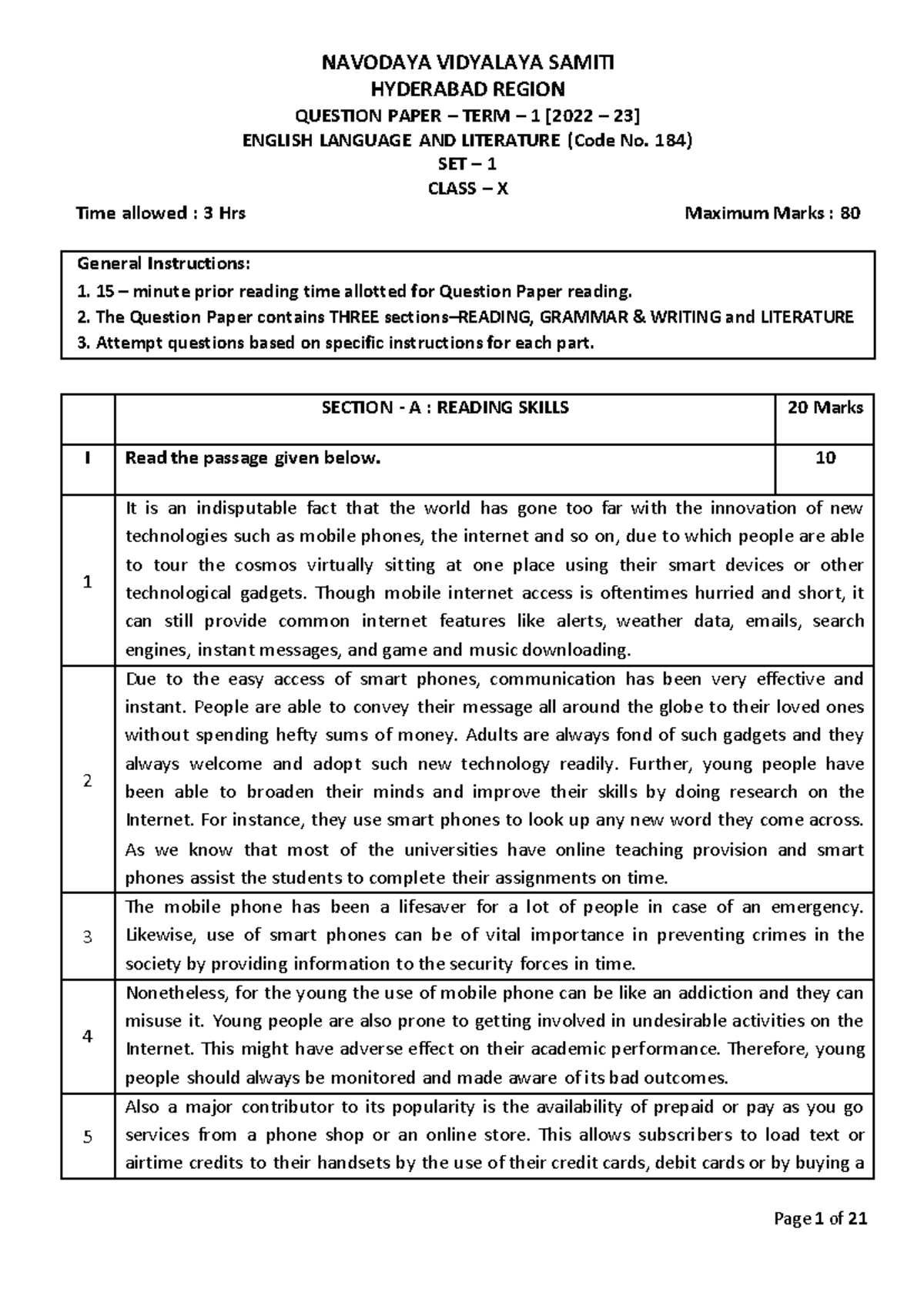 X English QP SET-1 - Ghnnmm - NAVODAYA VIDYALAYA SAMITI HYDERABAD REGION QUESTION PAPER – TERM ...