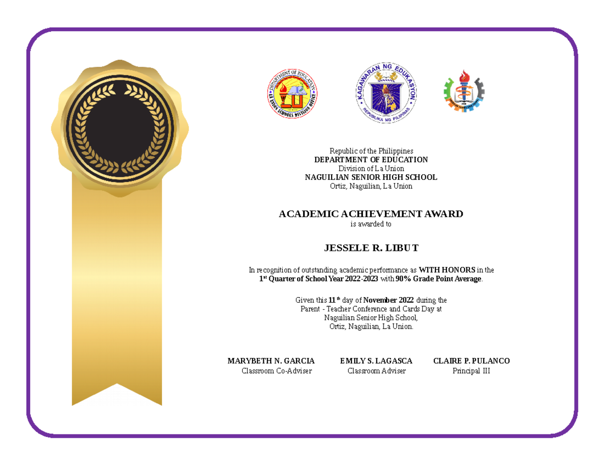 Awards- Template- Editable - DEPARTMENT OF EDUCATION Division of La ...