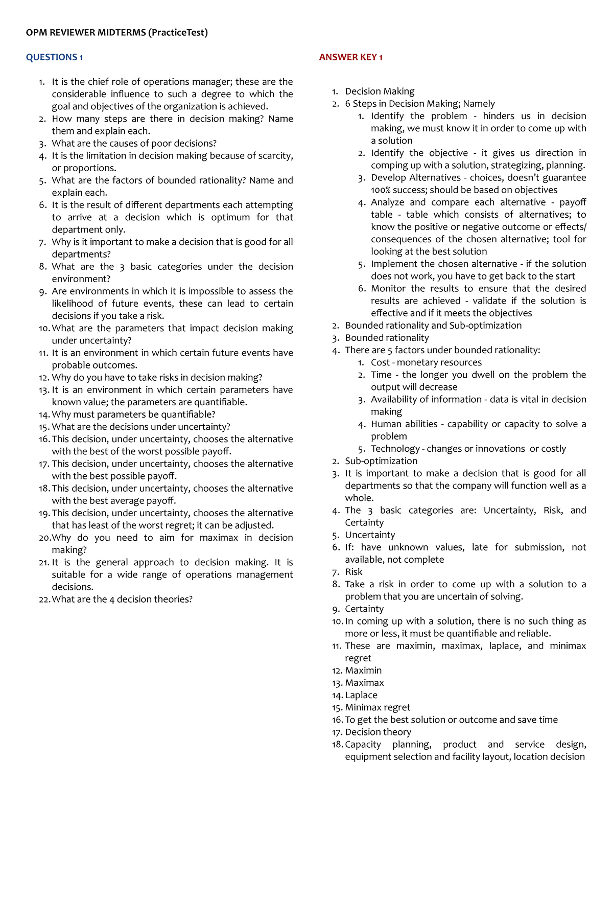 Operations Management Reviewer Practice Test with Answer Key - OPM ...