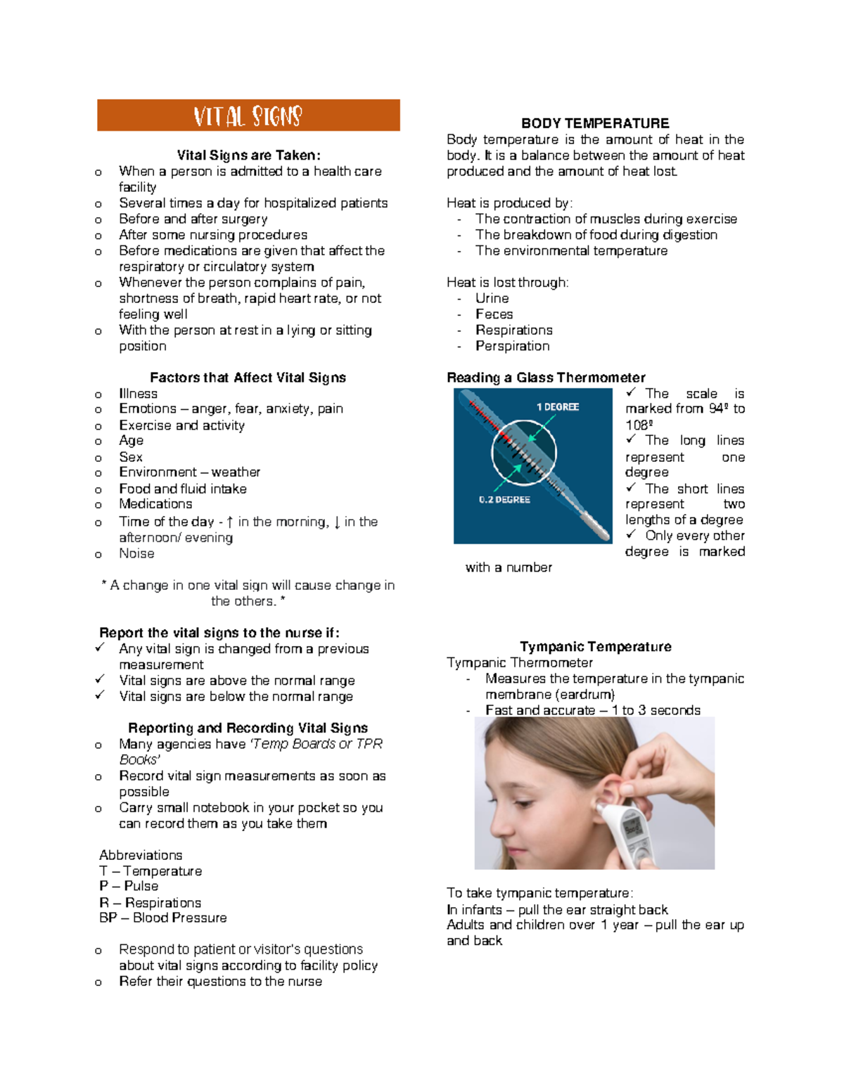 Vital Signs - * Report the vital signs to the nurse if: Any vital sign ...