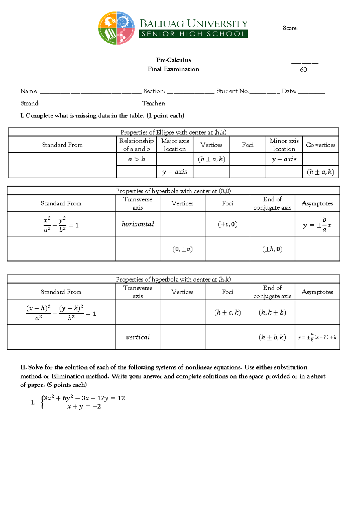Pre-calculus (final) - Exam on calculus - Pre-Calculus Final ...