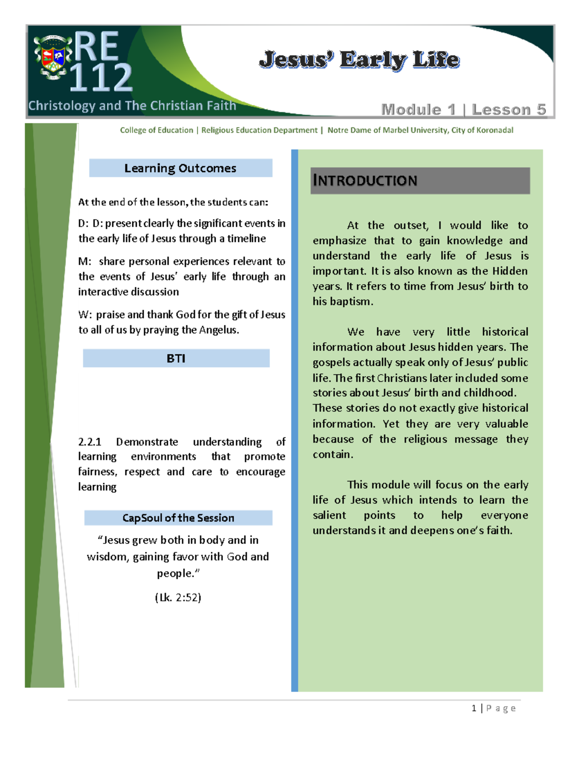 M1 L5-Jesus-Early-Life 1 - At the end of the lesson, the students can ...